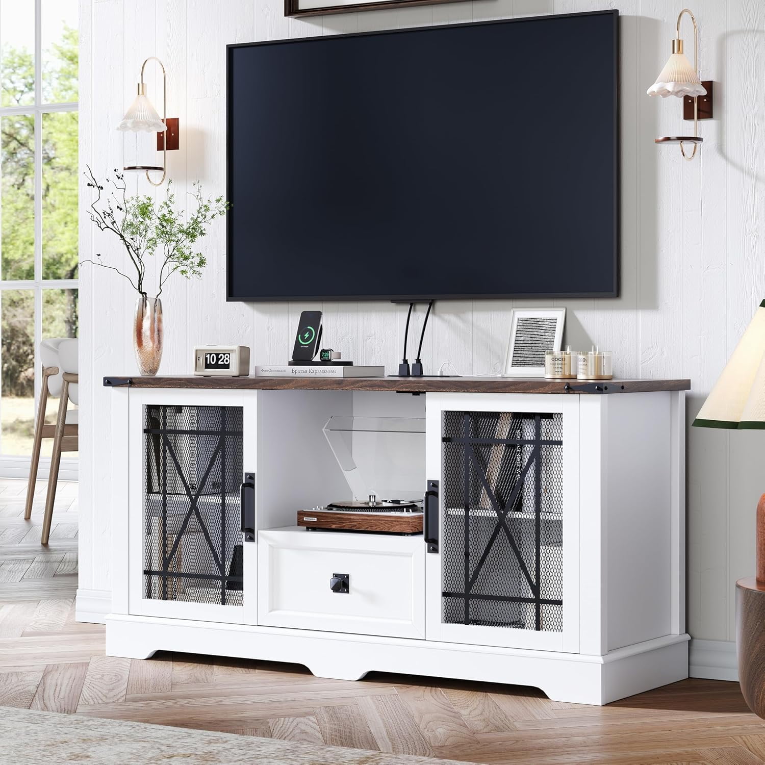 Entertainment Center White TV Stand with Charging Station Modern 55 ...