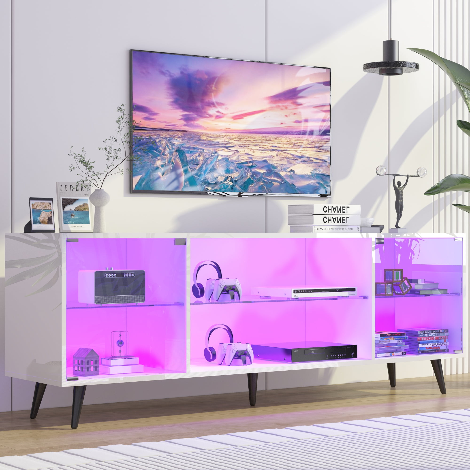 Entertainment Center with LED Lights TV Stand for 75” TVs with Magnetic ...