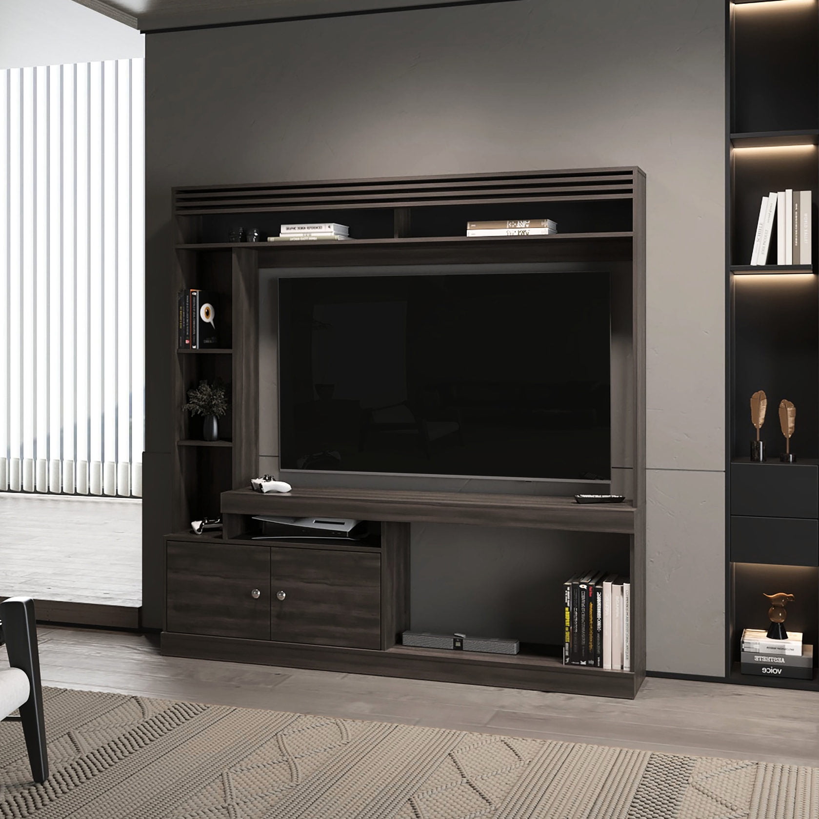 Entertainment Center with Vertical Shelves and Cabinets / Organize ...
