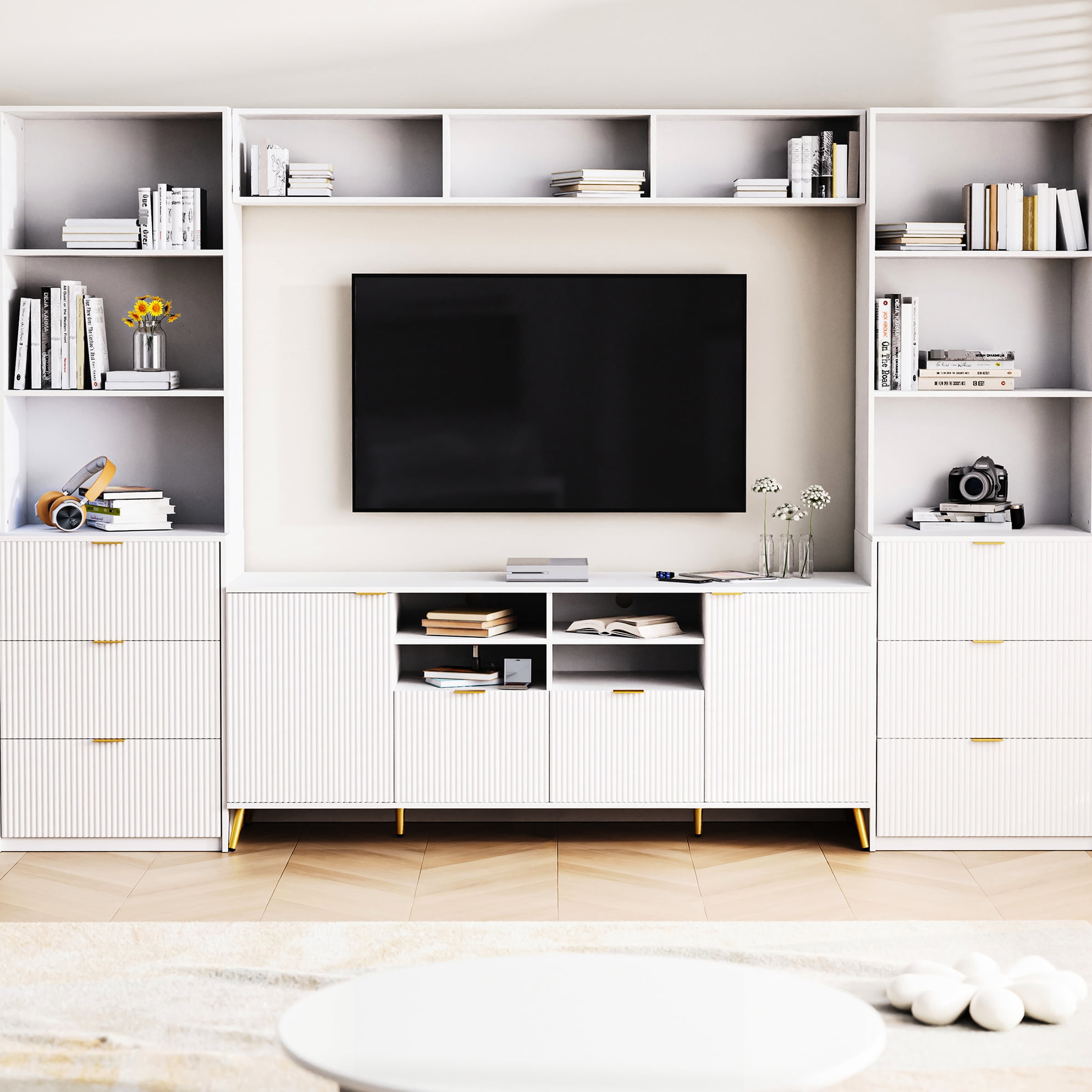 Entertainment Wall Unit With 13 Shelves, 8 Drawers, 2 Cabinets, Fluted ...