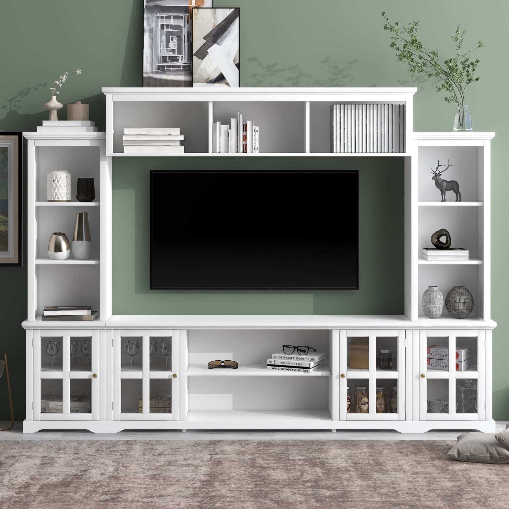 White Entertainment Wall Unit, Wooden TV Console for 70'' TVs, Stand ...