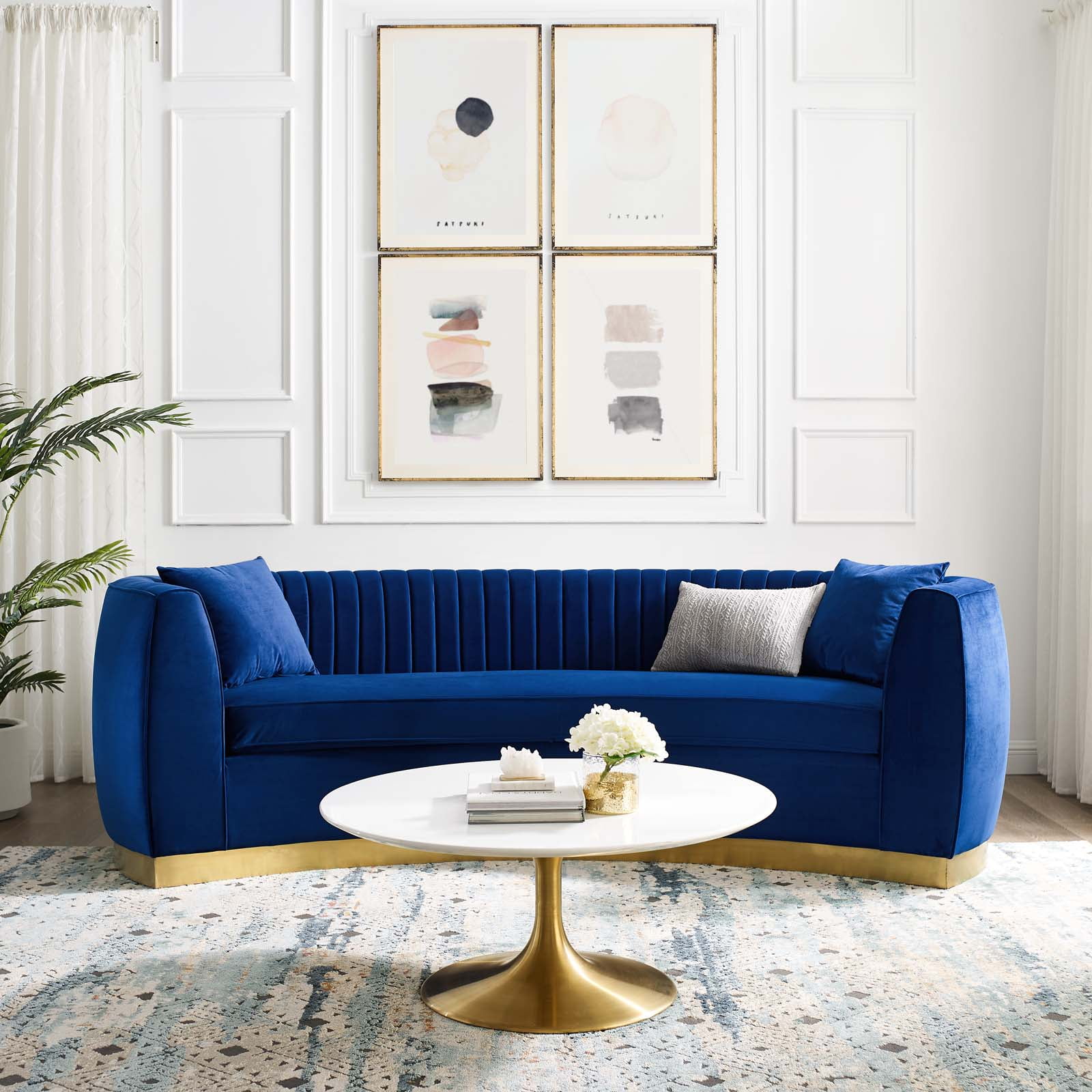 Enthusiastic Vertical Channel Tufted Curved Performance Velvet Sofa ...