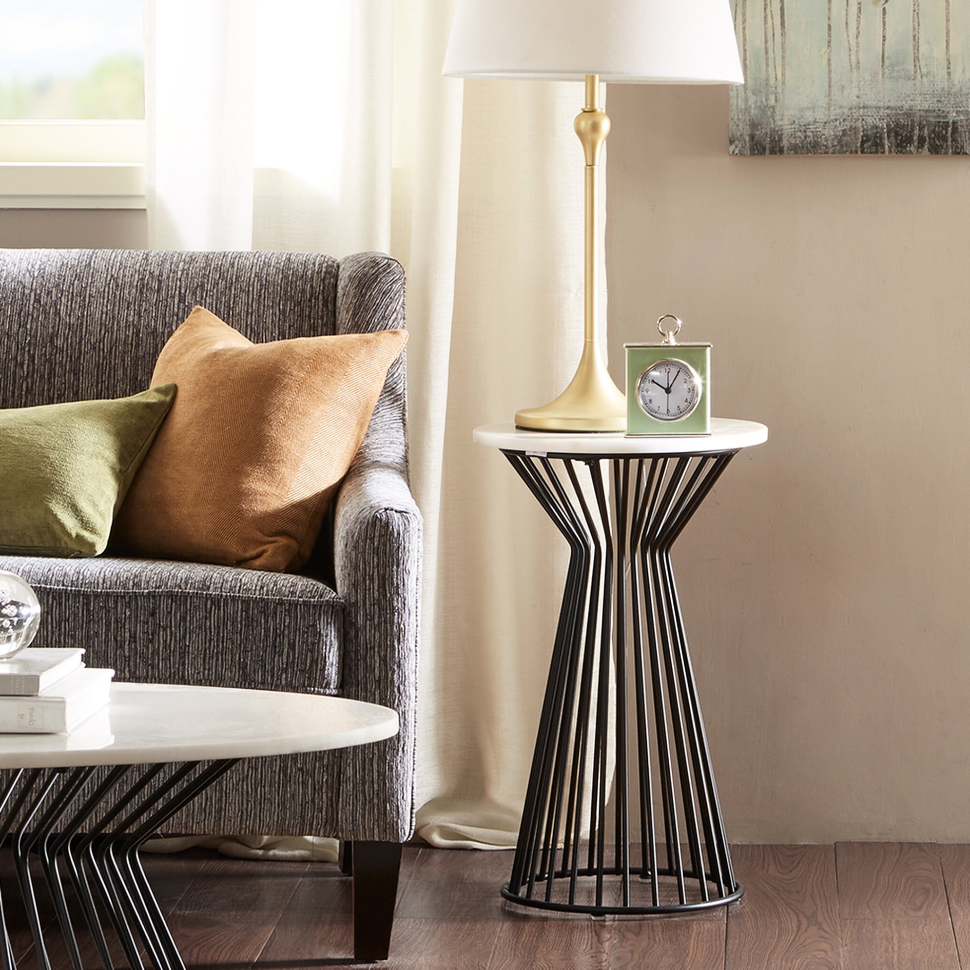 Enticing White Marble Plant Stand Pedestal With Black Metal Supports ...