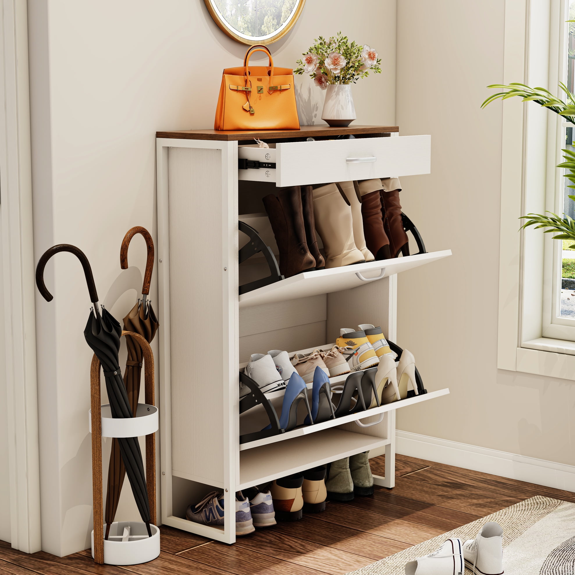 Entrance Shoe Cabinet With Drawers - Particleboard & Material In White ...