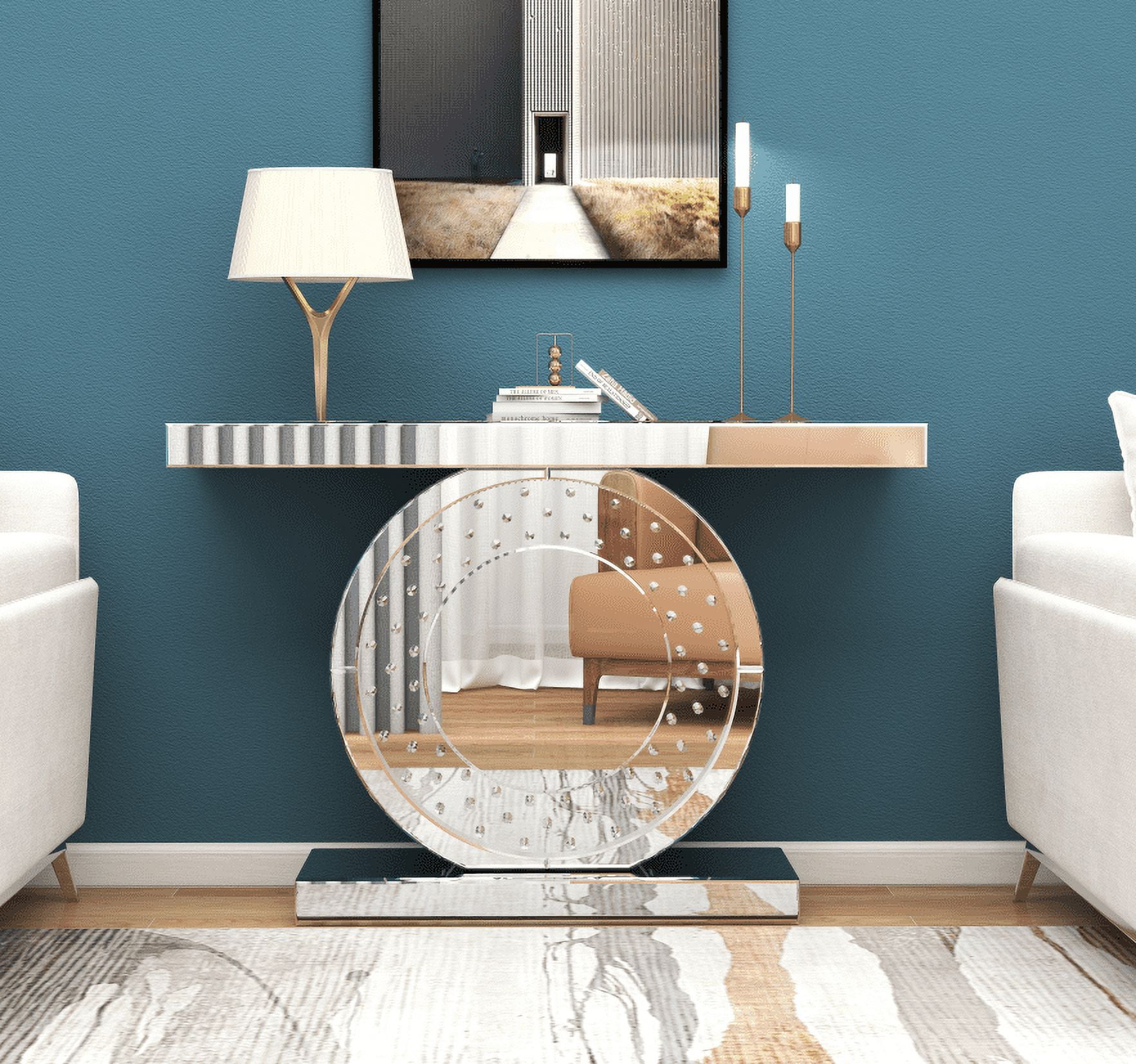 Modern Silver Accent Console Table with Glam O-Base and Crystal Design ...