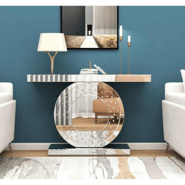 Modern Silver Accent Console Table with Glam O-Base and Crystal Design ...