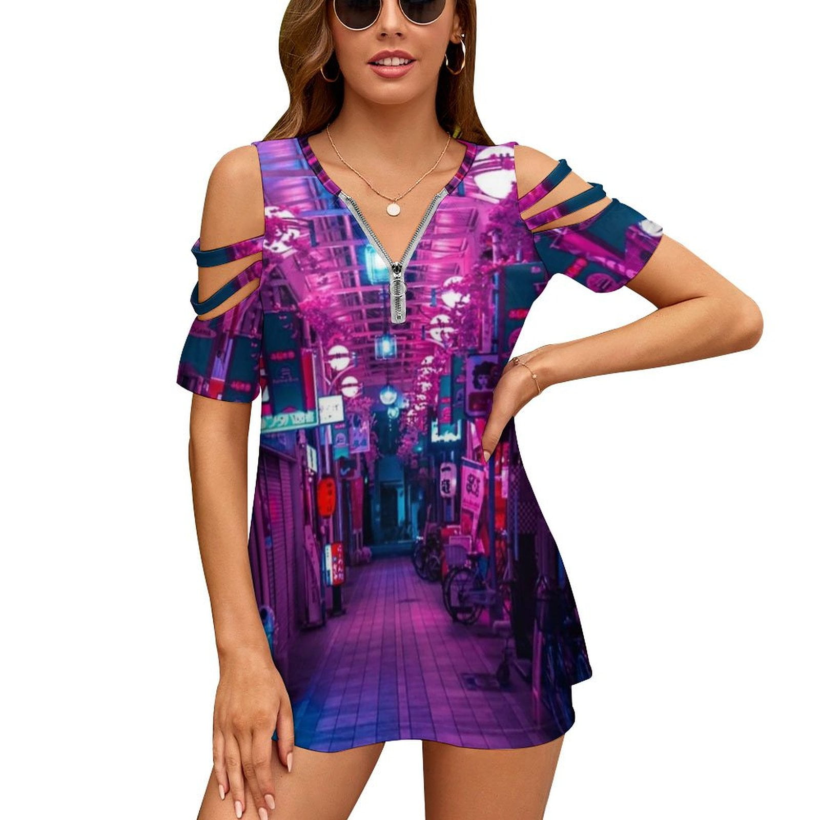 Entrance To The Next Dimension Women Zipper Sexy Printed Vintage T Shirts Tops Full Print T ...