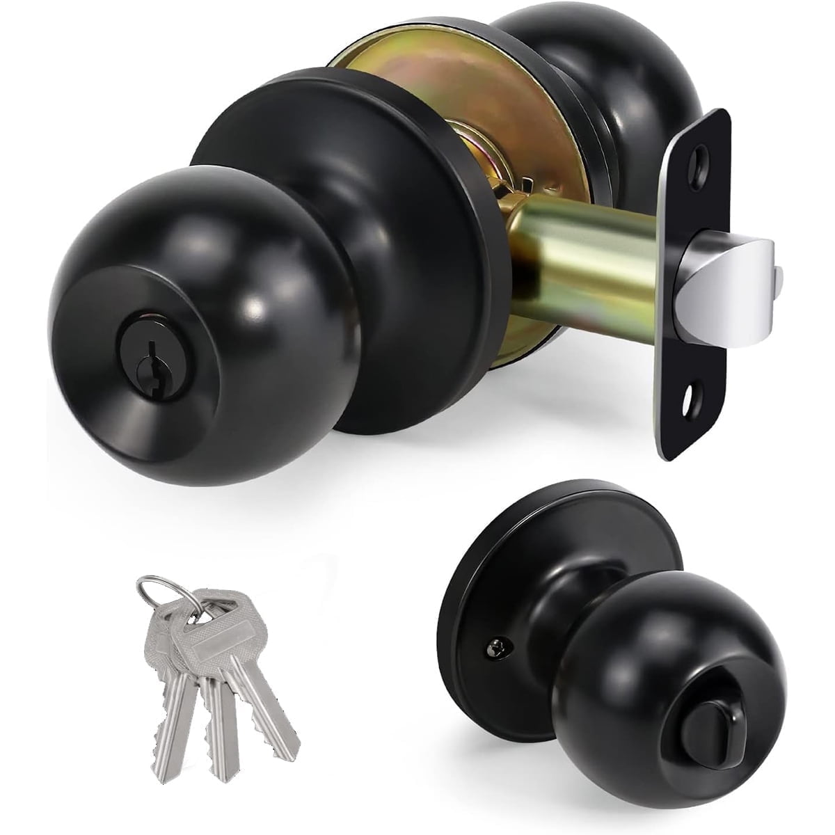 Matte Black Entry Door Knob with Keyed Lock, Interior/Exterior Ball ...