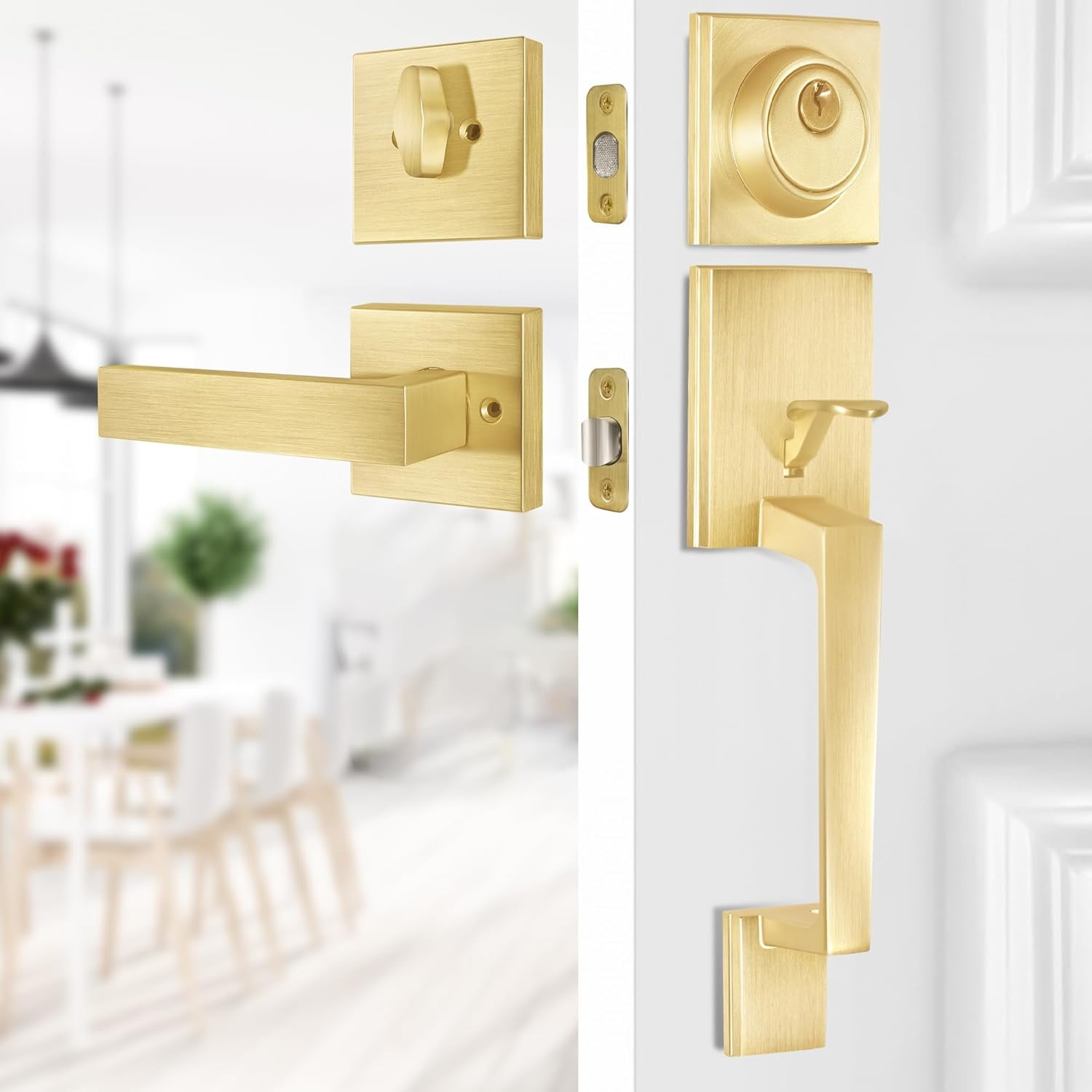 Entry Front Door Handle, Satin Brass Square Front Door Lock Set with ...