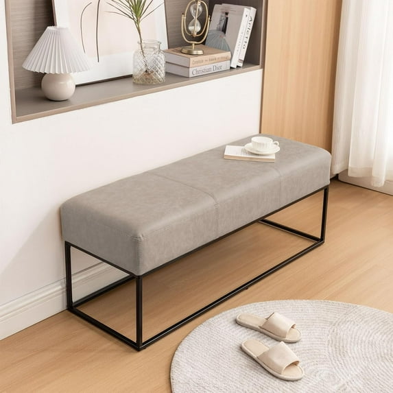 Entryway Bench for Bedroom End of Bed, Modern Ottoman with Faux Leather ...