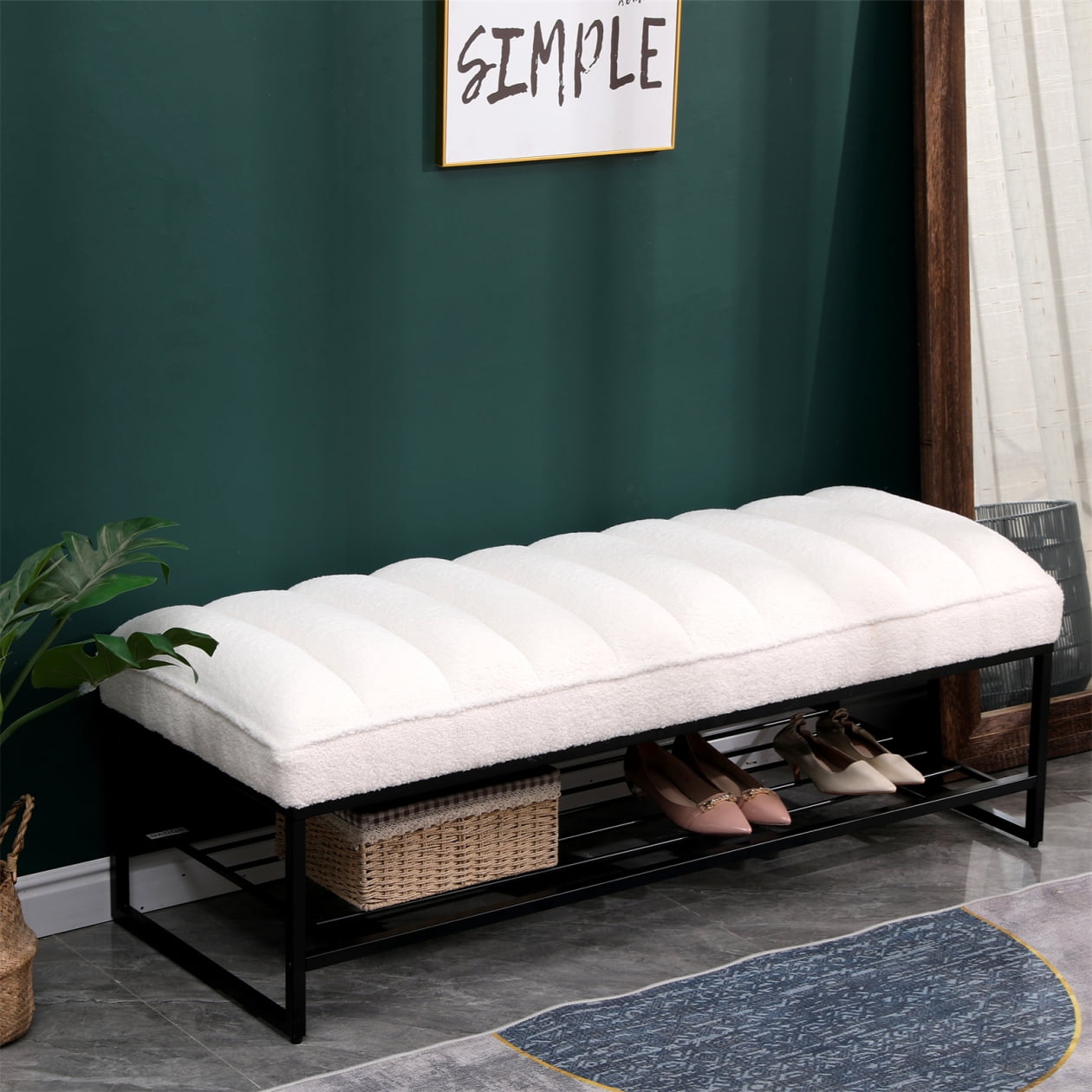 Entryway Bench, Channel Tufted Shoe Storage Bench with Metal Shelf ...