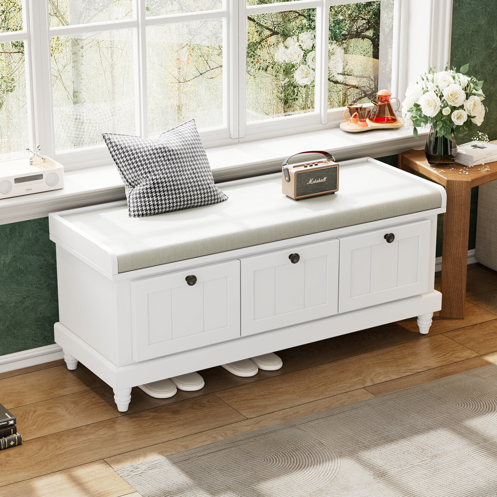 Entryway Bench with Cushioned Seat, Shoe Storage Bench with Three ...