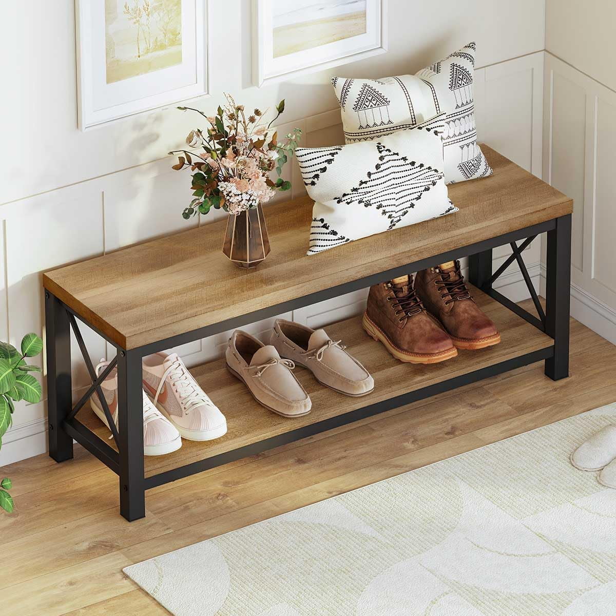 Entryway Bench, Farmhouse Wooden Metal Entry Storage Bench, Rustic Shoe ...