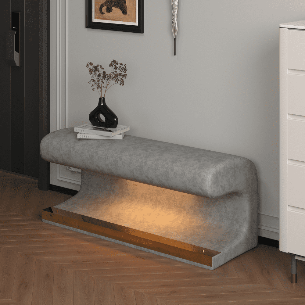 Entryway Bench Leather Upholstered Ottoman with LED Sensor Light for ...