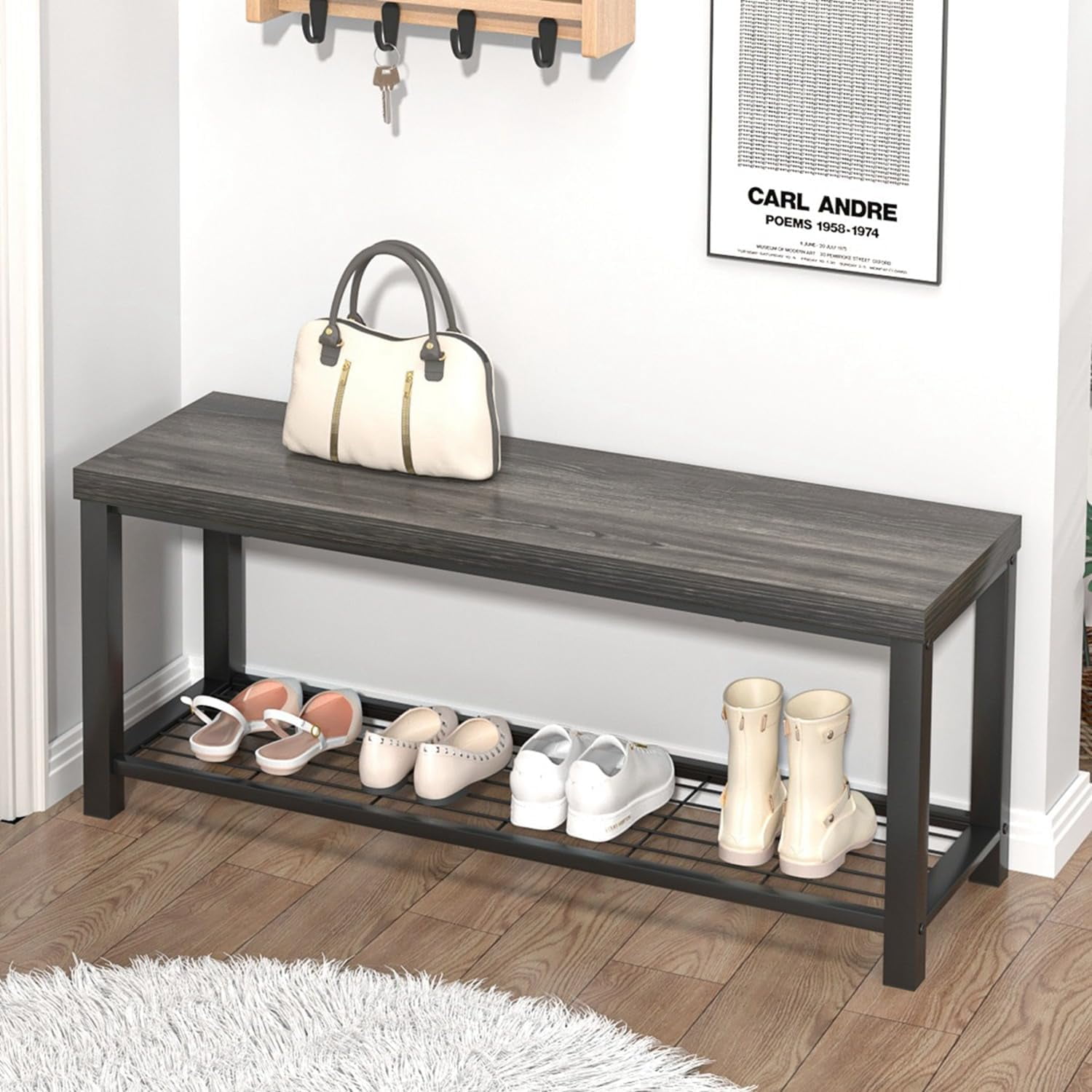 Entryway Bench, Modern Shoe Storage Bench, Rustic Wood and Metal Entry ...