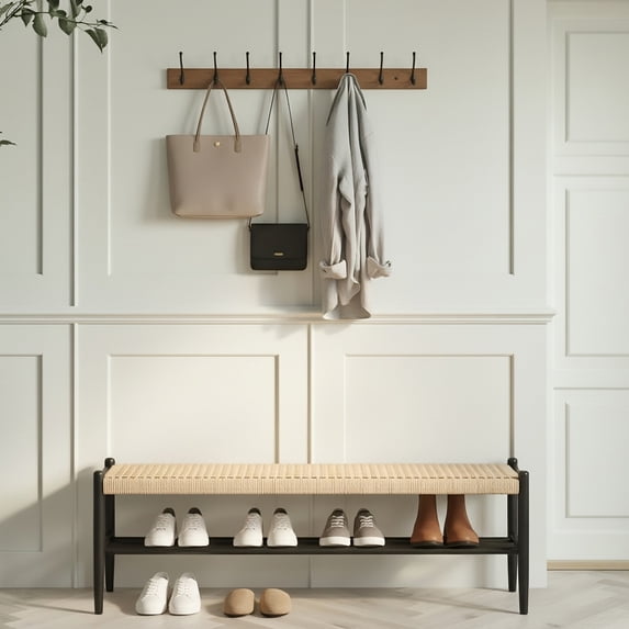 Entryway Bench, Solid Oak Wood Shoe Rack Bench, Shoe Bench with Woven ...