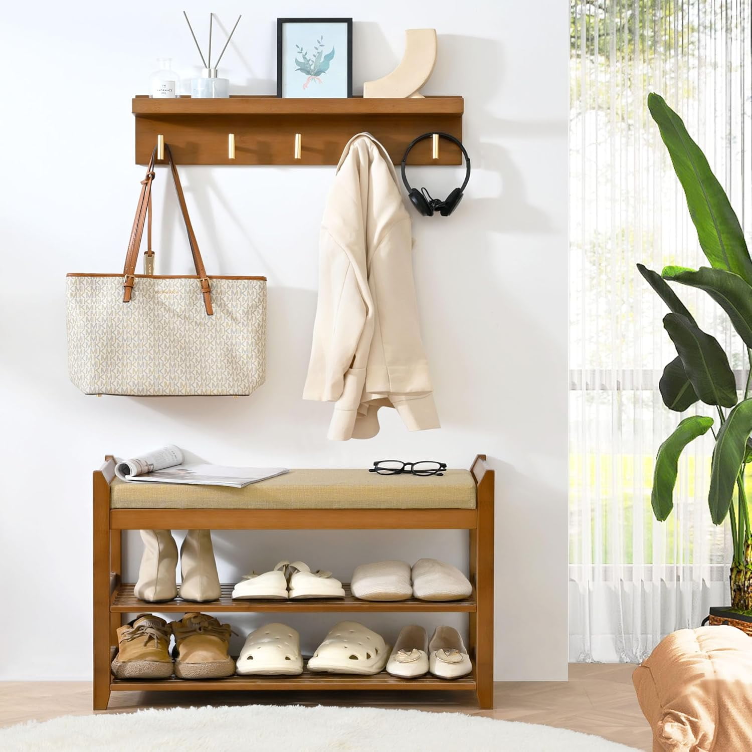 Entryway Bench with Coat Rack, 28 in Shoe Bench with Cushion and Wall ...