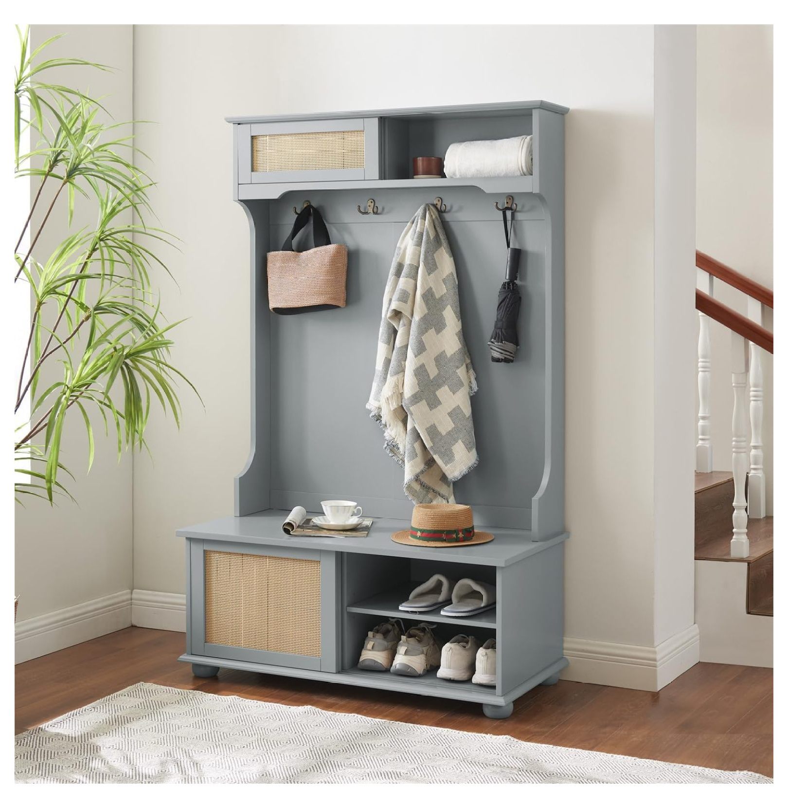 Entryway Coat Rack with Storage , Sliding Rattan Doors, 64.5" H Wooden ...