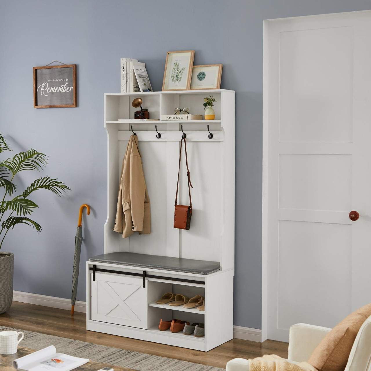 Entryway Column Coat Rack with Storage Shoe Cabinet and Cushioned Stool ...