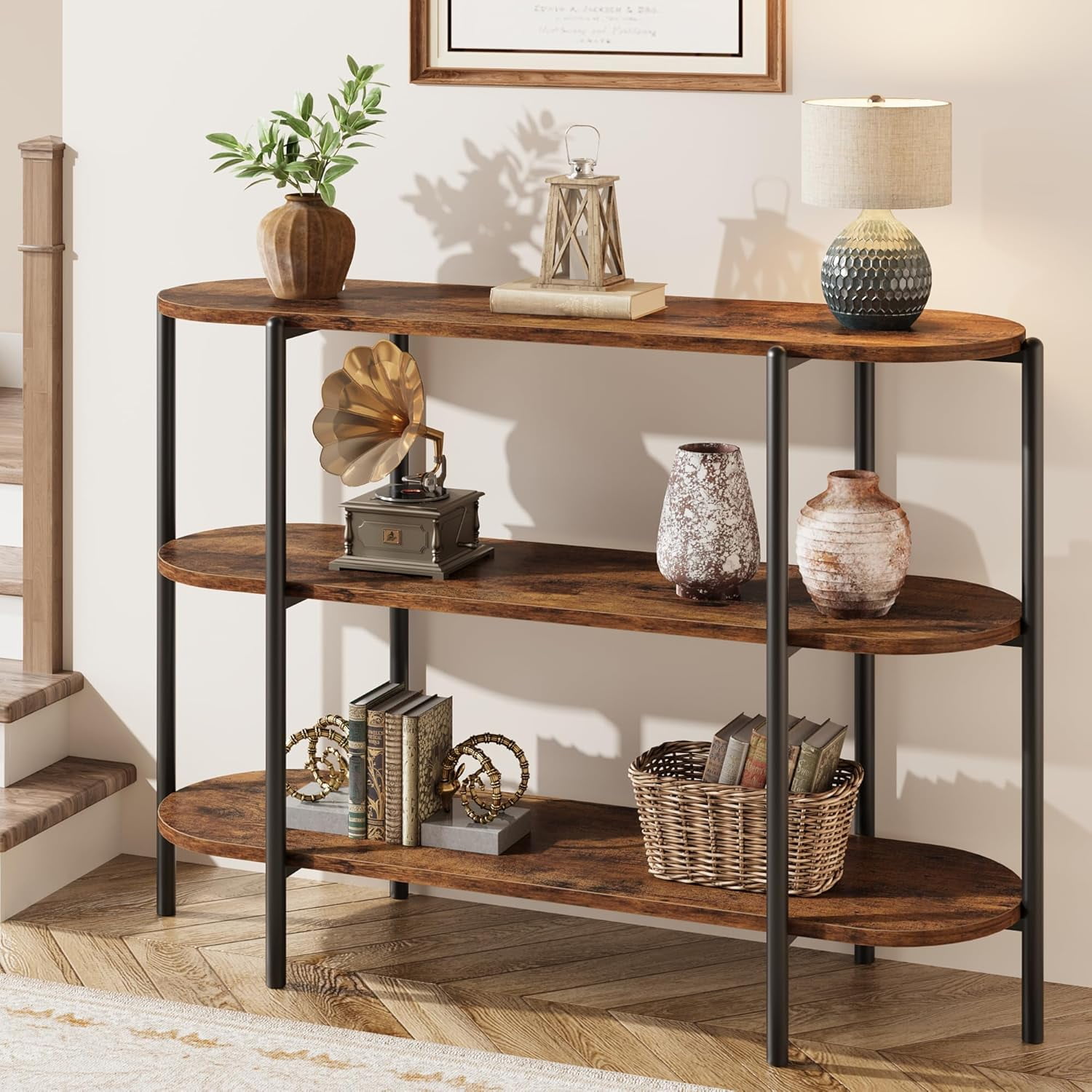 Entryway Console Table, 3 Tier Industrial Metal Sofa Table, Behind ...
