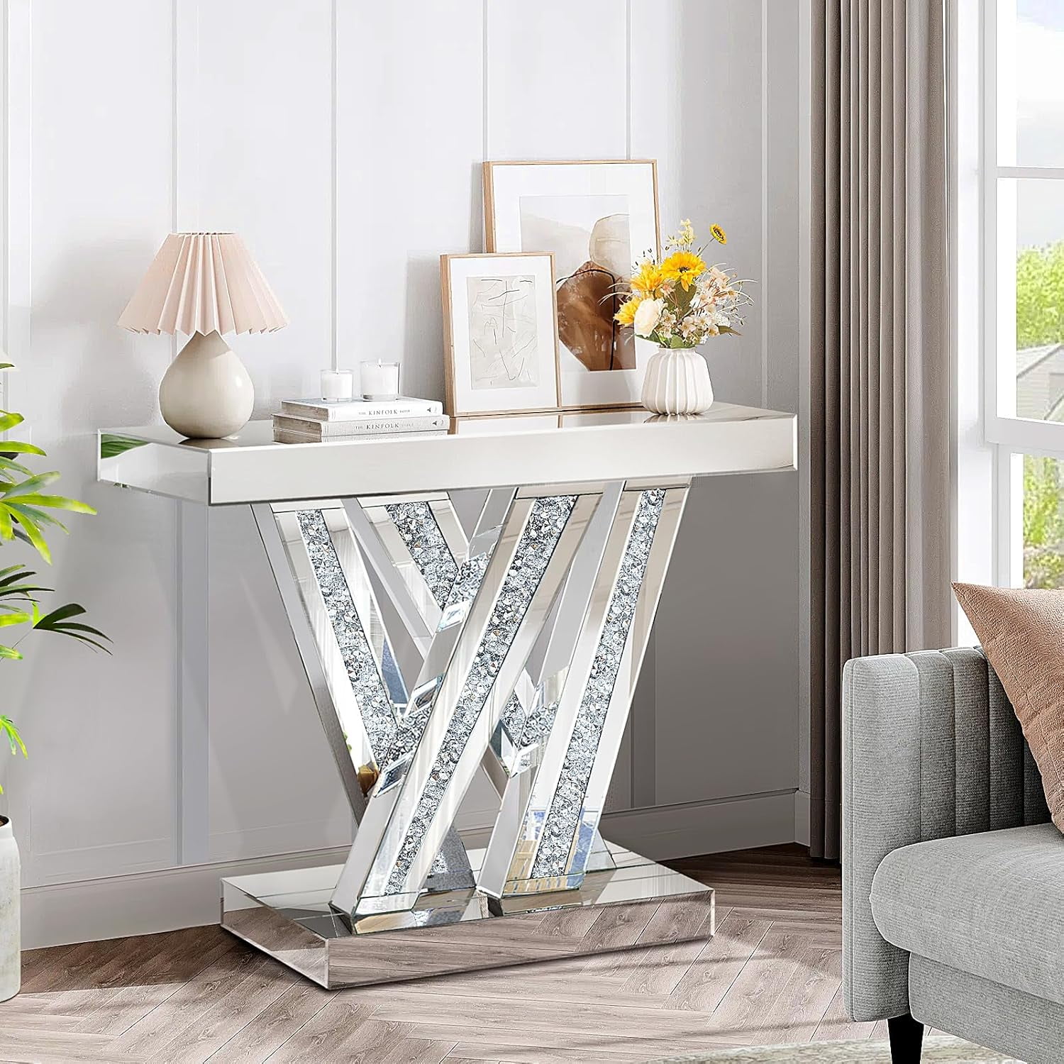 Entryway Console with Crushed Diamond Inlay 35" Silver Mirrored Glass ...