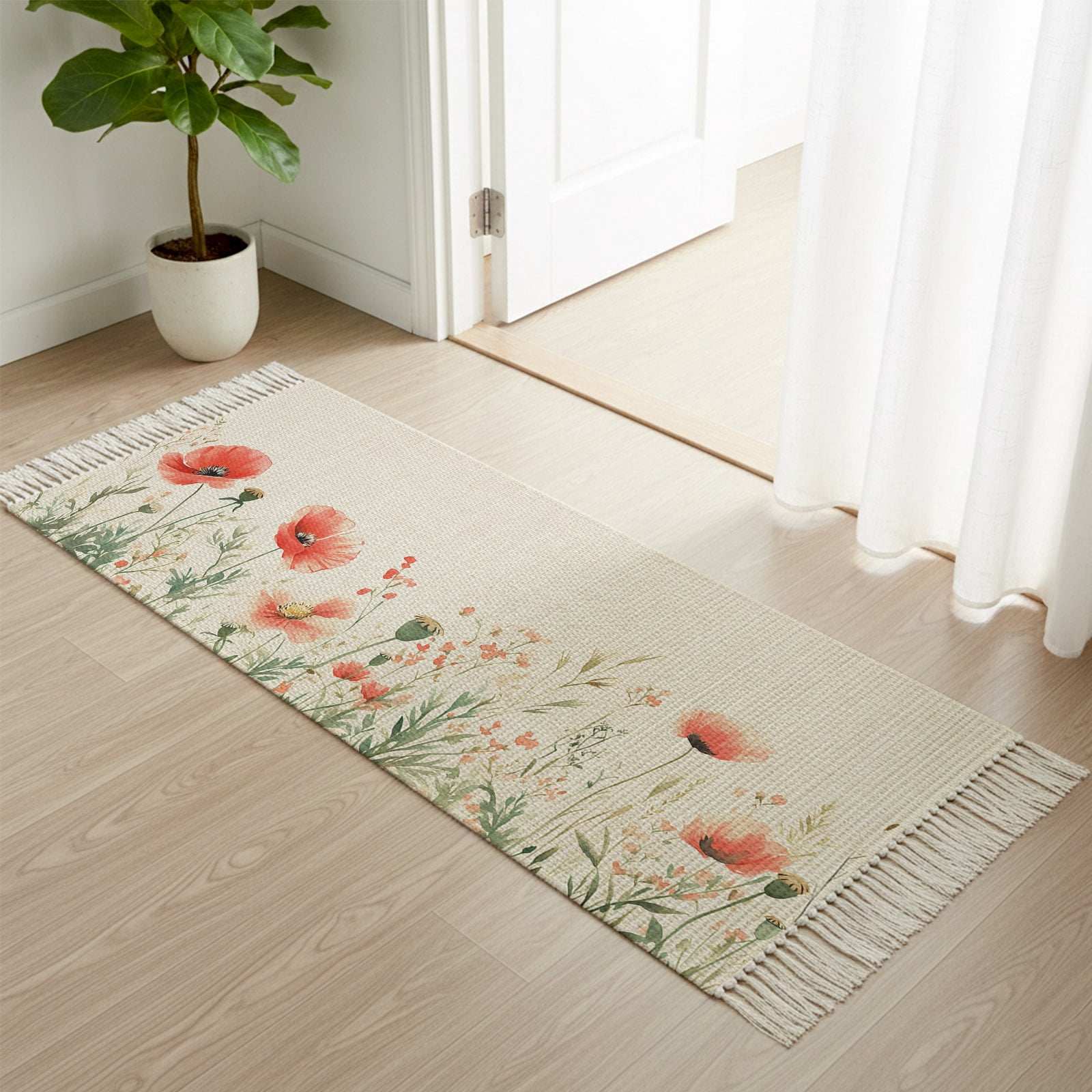 Entryway Door Mat 2'x 4', Elegant Poppy Non Slip Washable Throw Rug ...