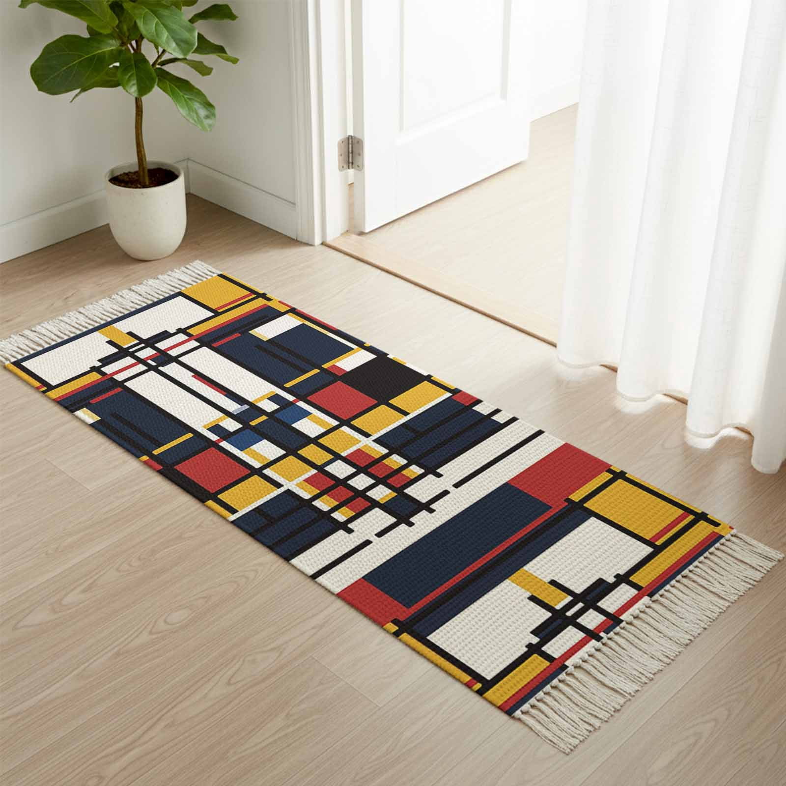 Entryway Door Mat 2'x 4', Yellow Red Blue Geometric Non Slip Washable ...