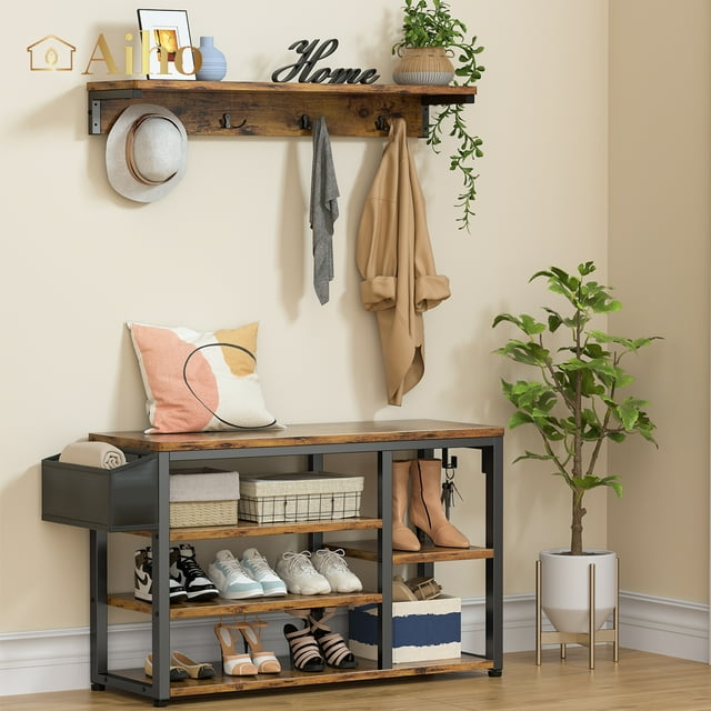 Farmhouse Entryway Hall Tree, Shoe Bench with Coat Rack Hooks, Retro ...