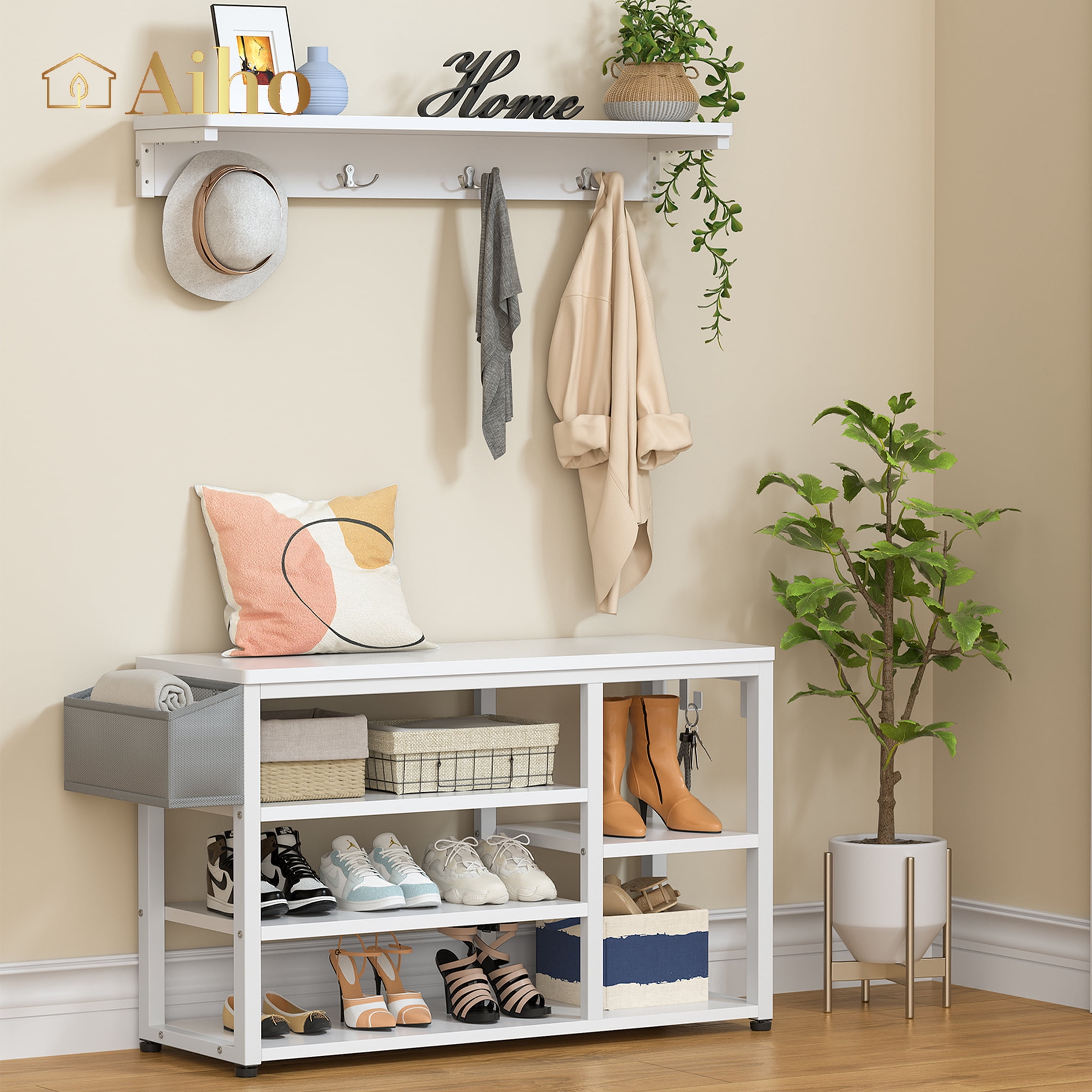Stylish Entryway Hall Tree, Storage Shoe Bench with Coat Rack & Hanging ...
