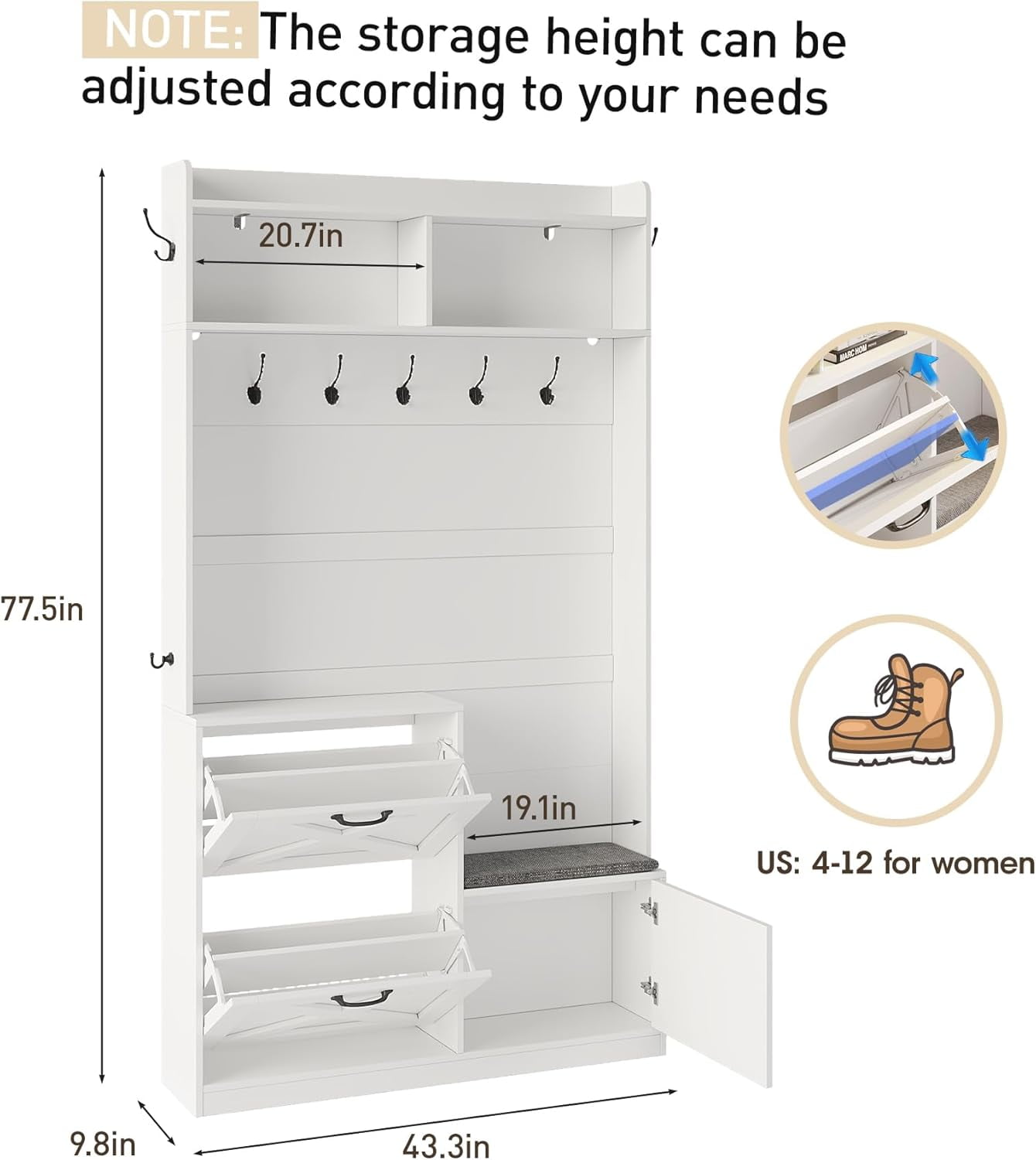 Entryway Hall Tree with and Shoe Storage, 5-in-1 Narrow Hall Tree with ...