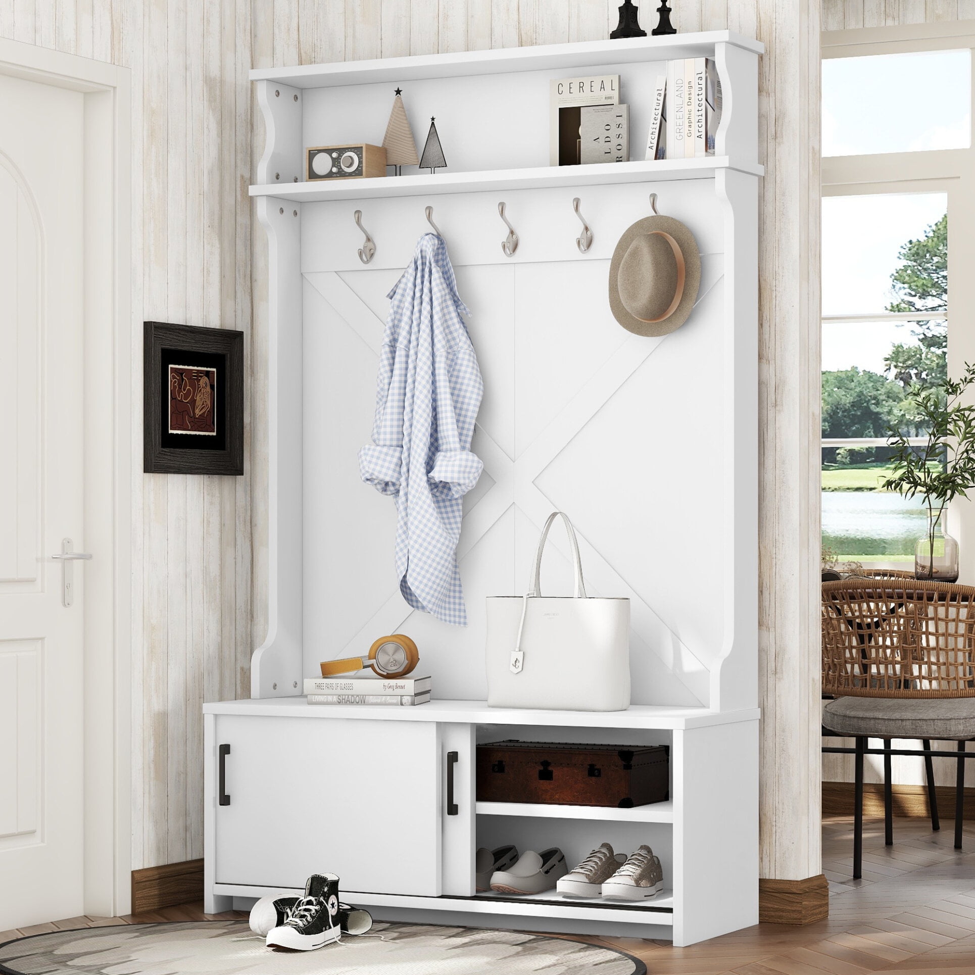 Entryway Hall Tree with Top Shelf and Storage Bench, Hallway Shoe ...