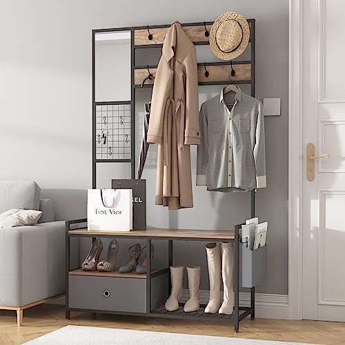 Entryway Hall Tree with Drawer,Coat Rack with Mirror,Vintage Industrial ...