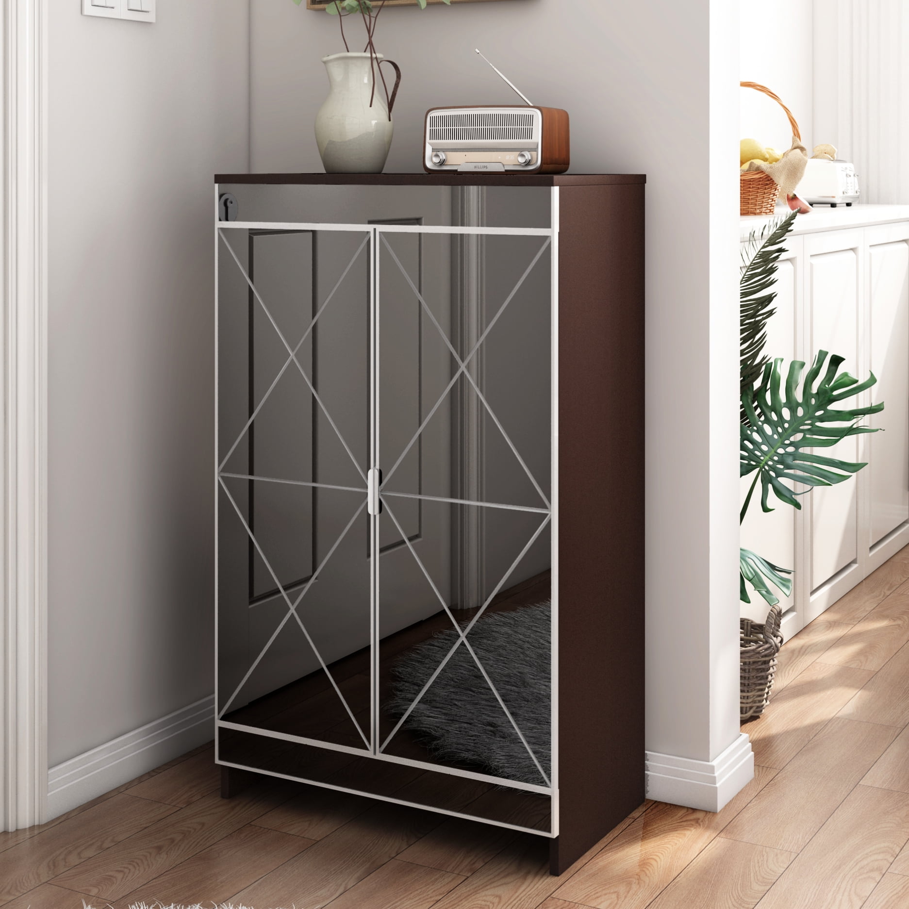 Entryway Mirrored Shoe Cabinet - Brown Color With Frosted Glass And ...