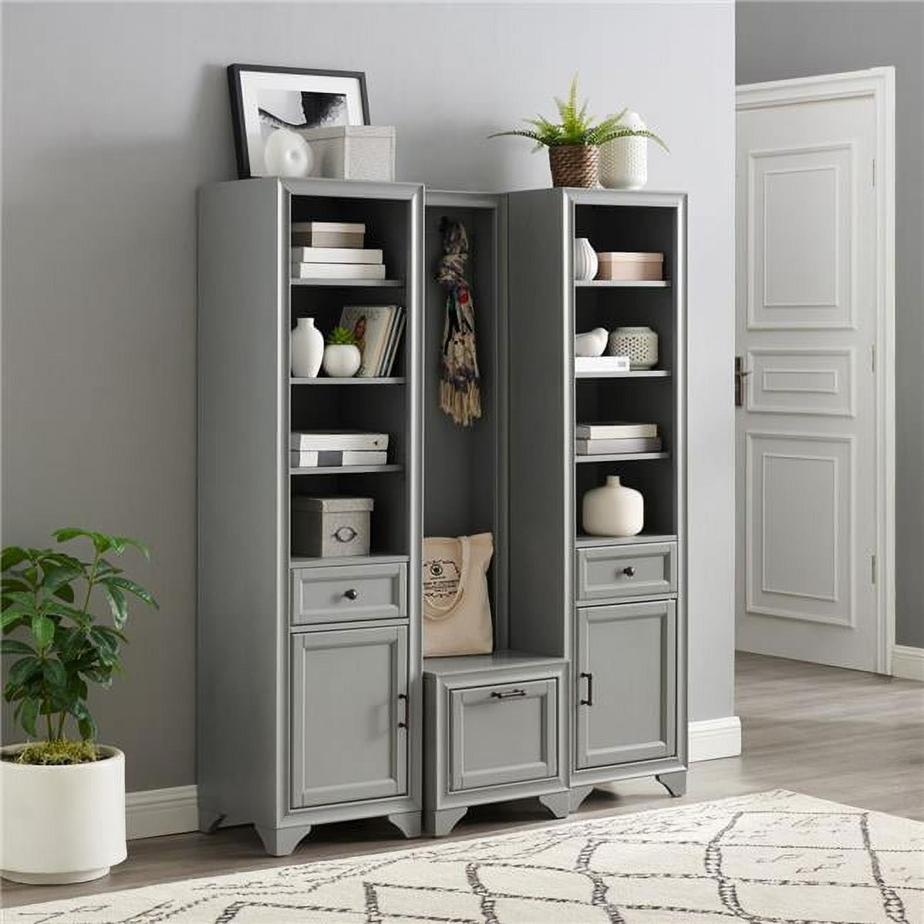 Entryway Set, Distressed Gray - Hall Tree & 2 Linen Cabinets - 3 Piece ...