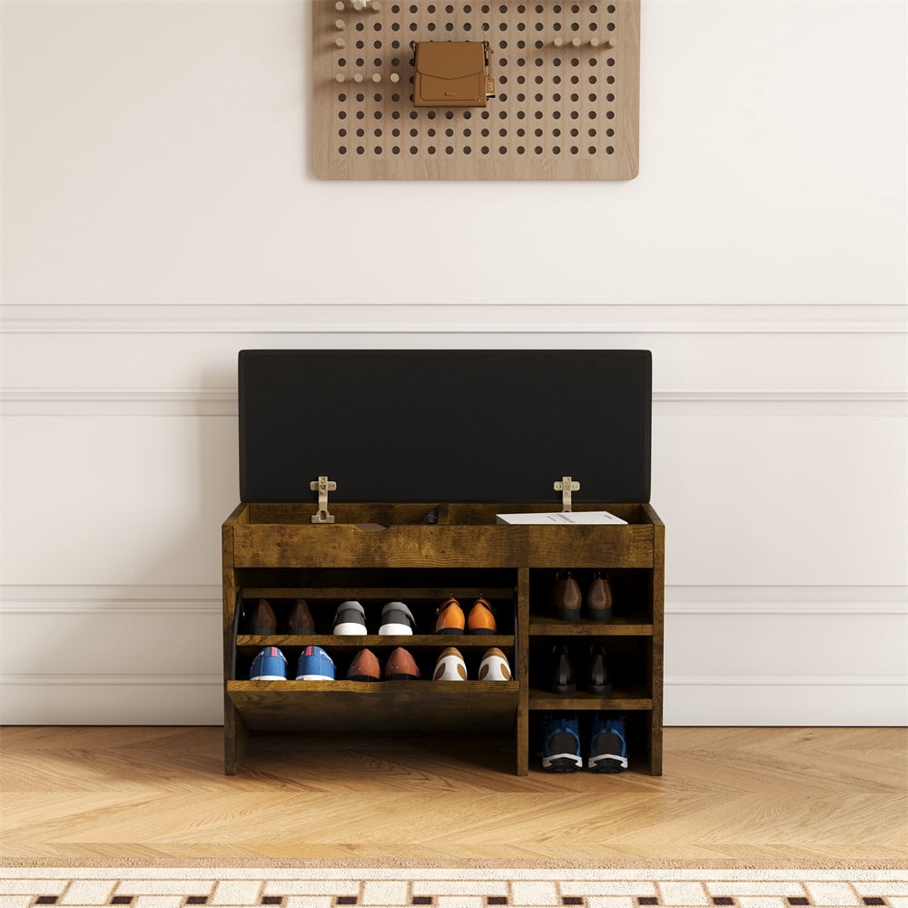 Entryway Shoe Bench with Hidden Flip Drawer and Open Side Holder, Shoe ...