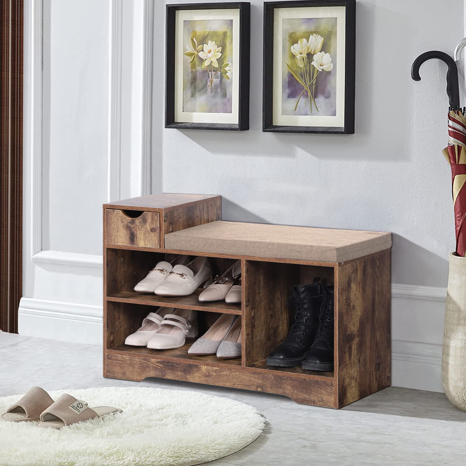 Entryway Shoe Bench with Cushion and 3 Compartments, Shoes Cabinet ...