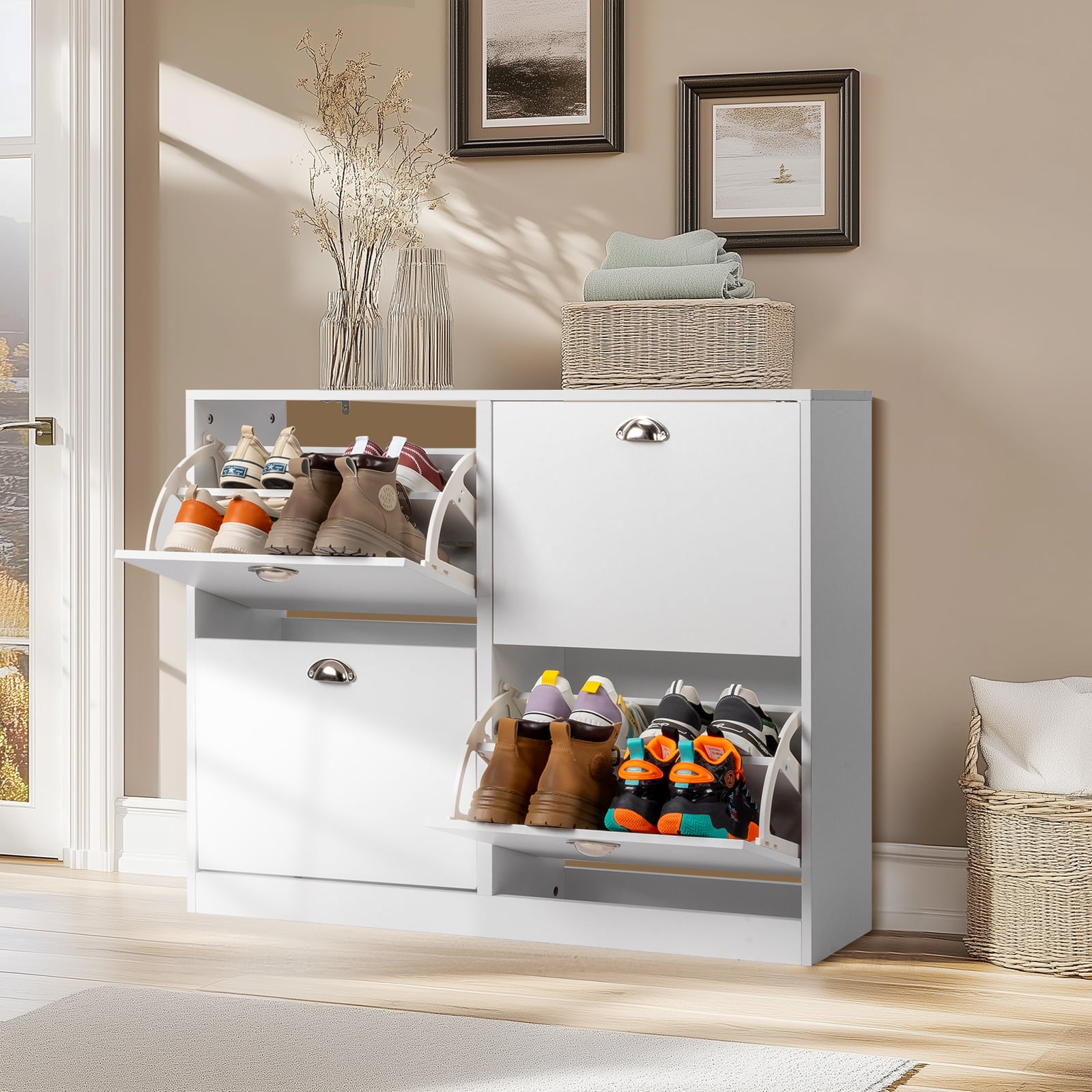 Entryway Shoe Cabinet 2 Rows 4 Drawers, Adjustable Partitions ...