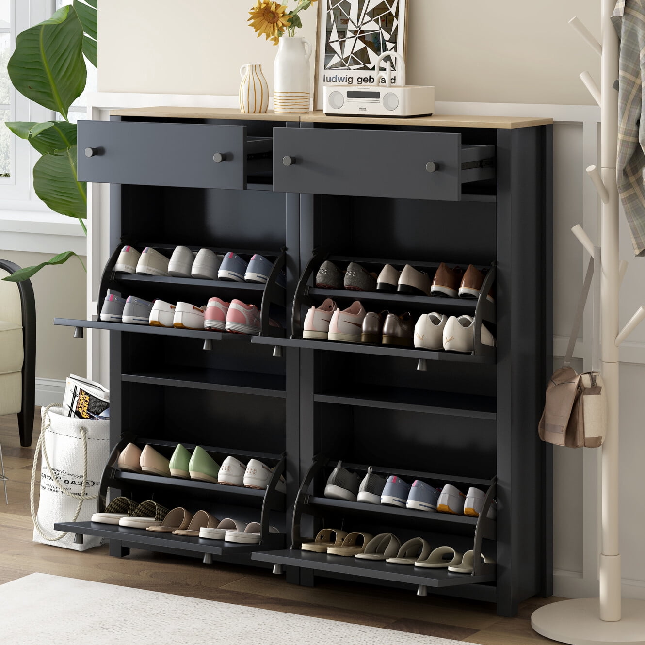 Entryway Shoe Cabinet with 4 Flip Drawers, Freestanding Shoe Rack with ...