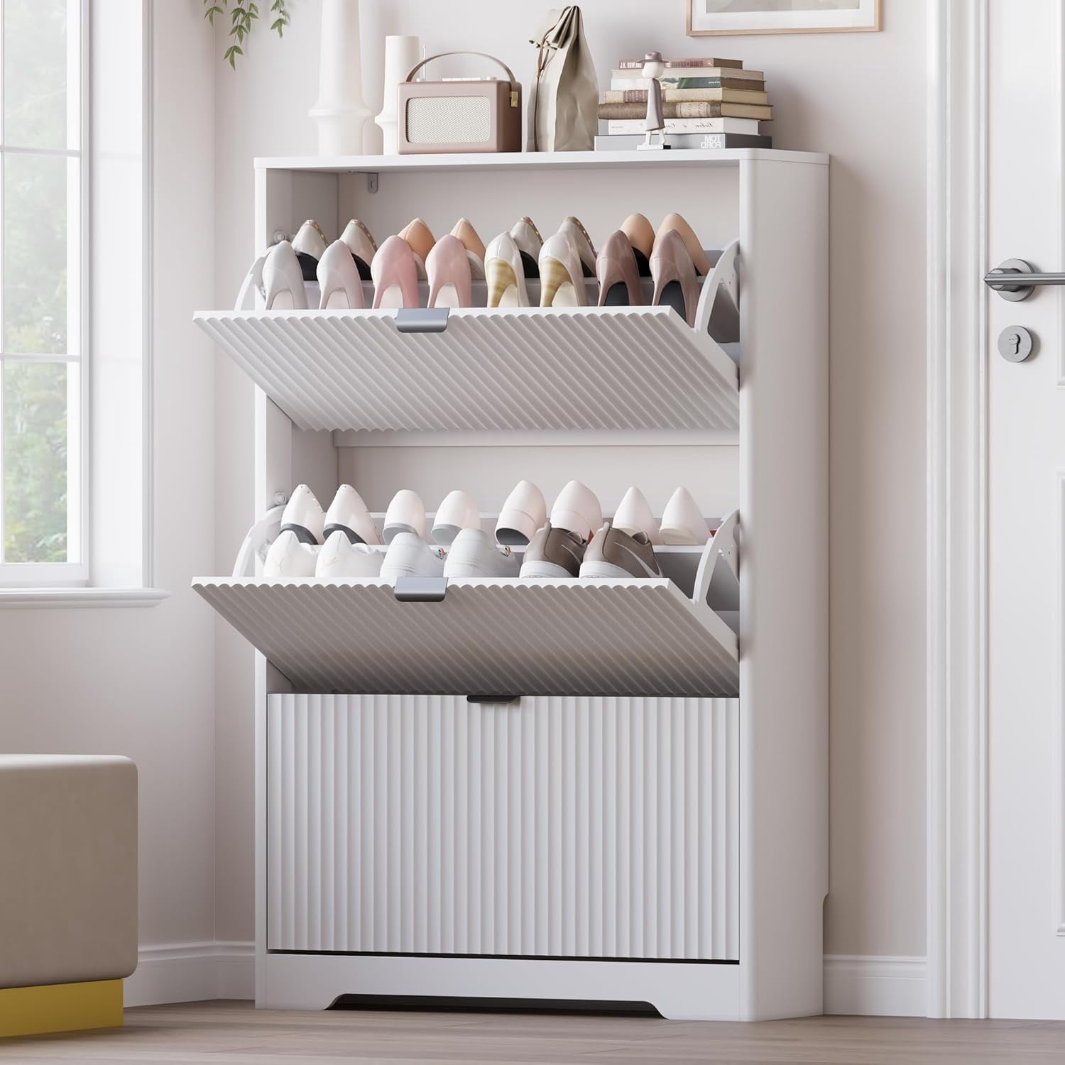 Entryway Shoe Cabinet with 3 Flip Drawers, Narrow Shoe Organizer ...