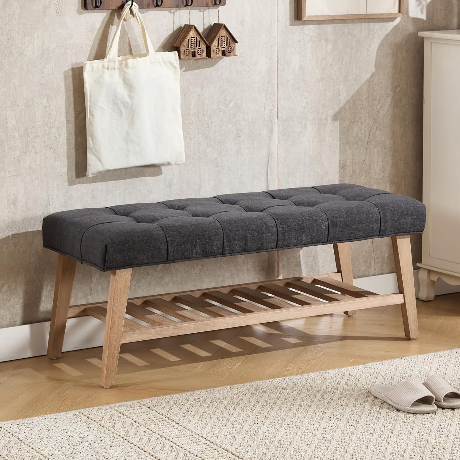 Entryway Shoe Storage Benches with Upholstered Button Tufted Seat and ...