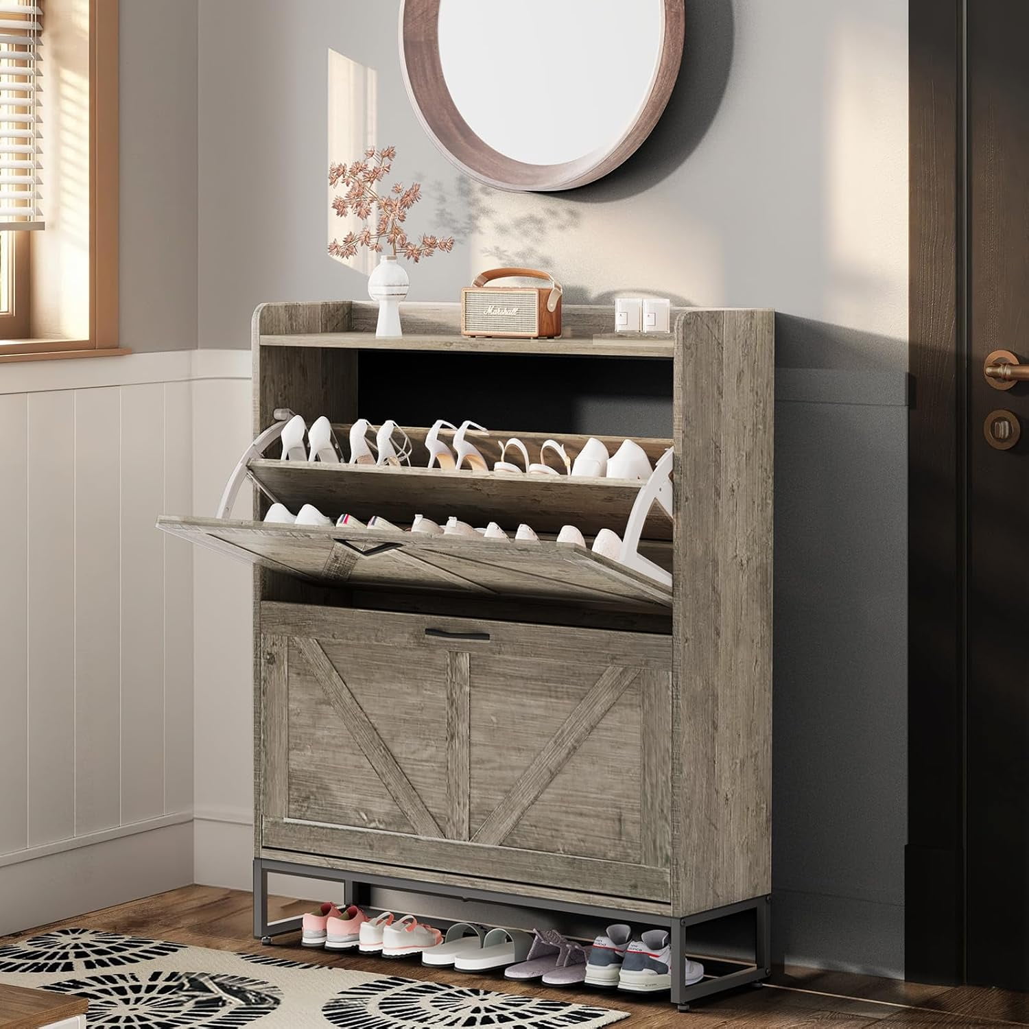 Entryway Shoe Storage Cabinet with 2 Flip Drawers & Adjustable Shelf，40 ...