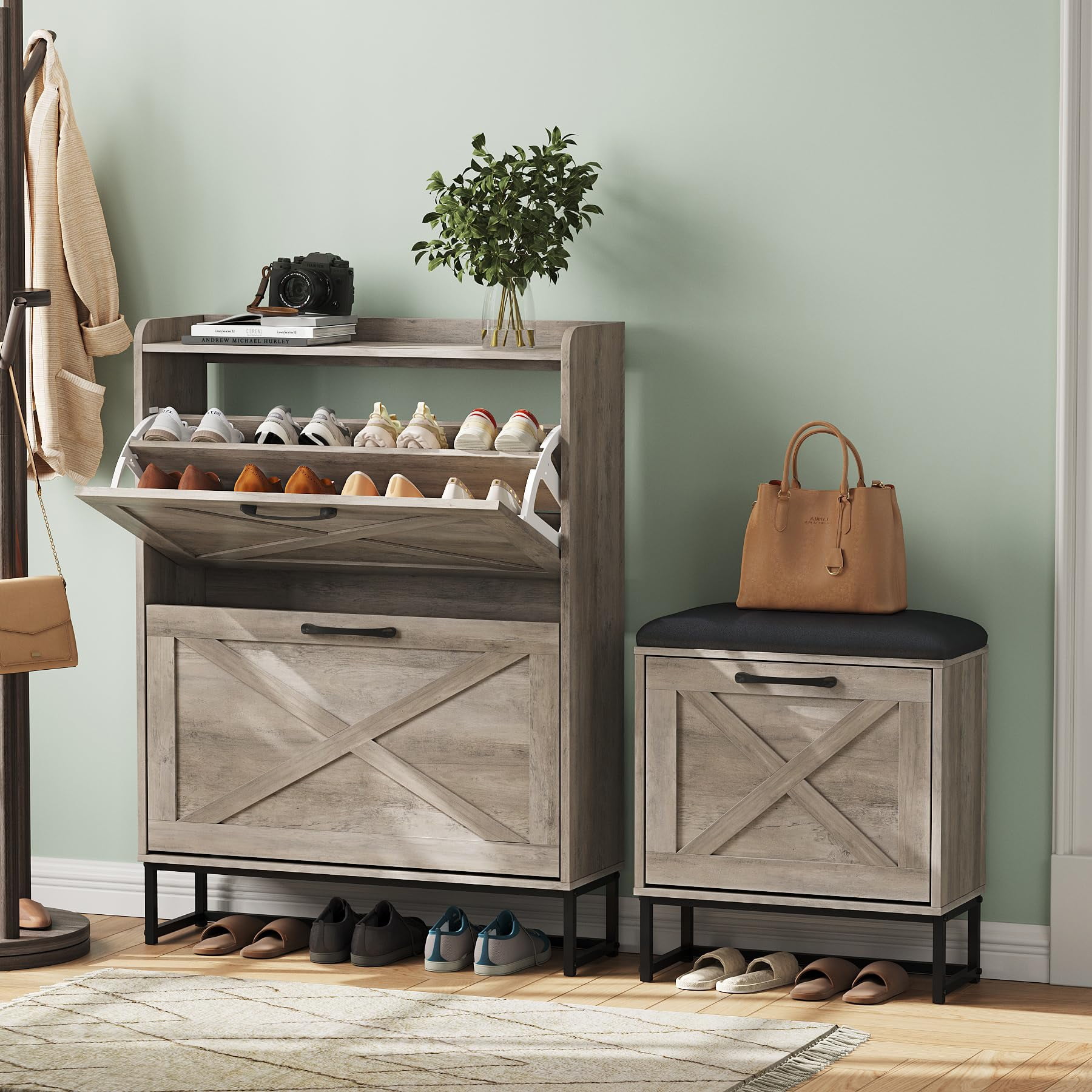 Entryway Shoe Storage Cabinet with Bench, Hidden Shoes Organizer Rack 3 ...