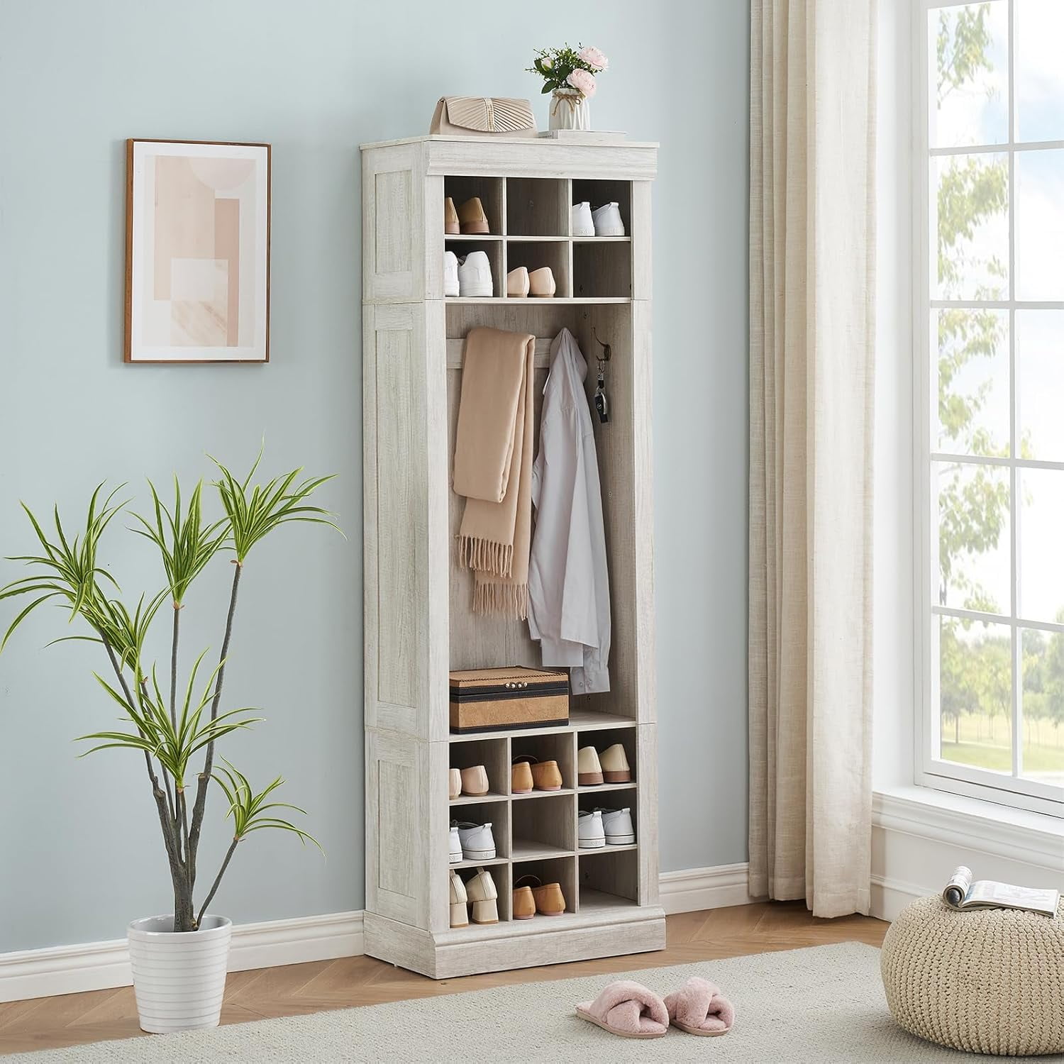 Entryway Shoe Storage Cabinet with Coat Rack, 15 Cubbies and 5 Hooks ...