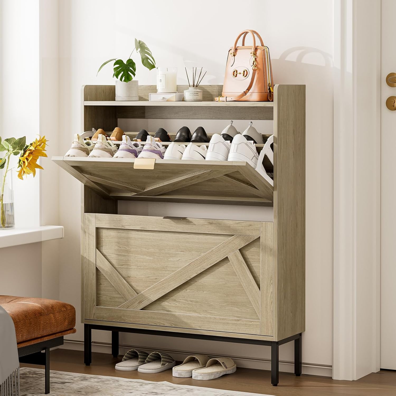 Entryway Shoe Storage Cabinet, Wooden Flip Organizer with 2 Hidden Drawer, Slim Narrow Rack for ...