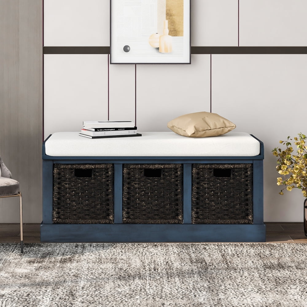 Entryway Storage Bench, Wood Entryway Bench with Removable Cushion and ...