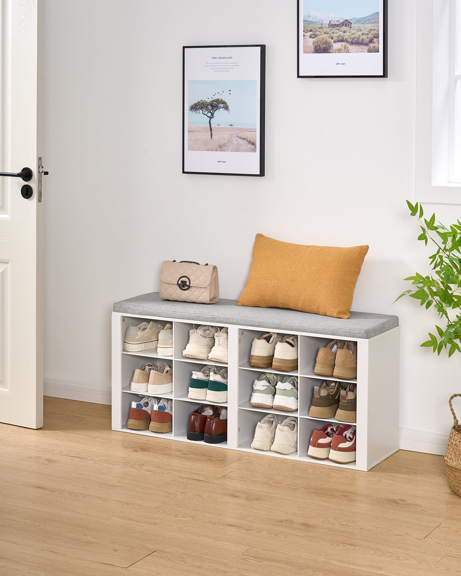 Entryway Storage Bench with 12 Cubbies, Cubby Shoe Rack with Adjustable ...