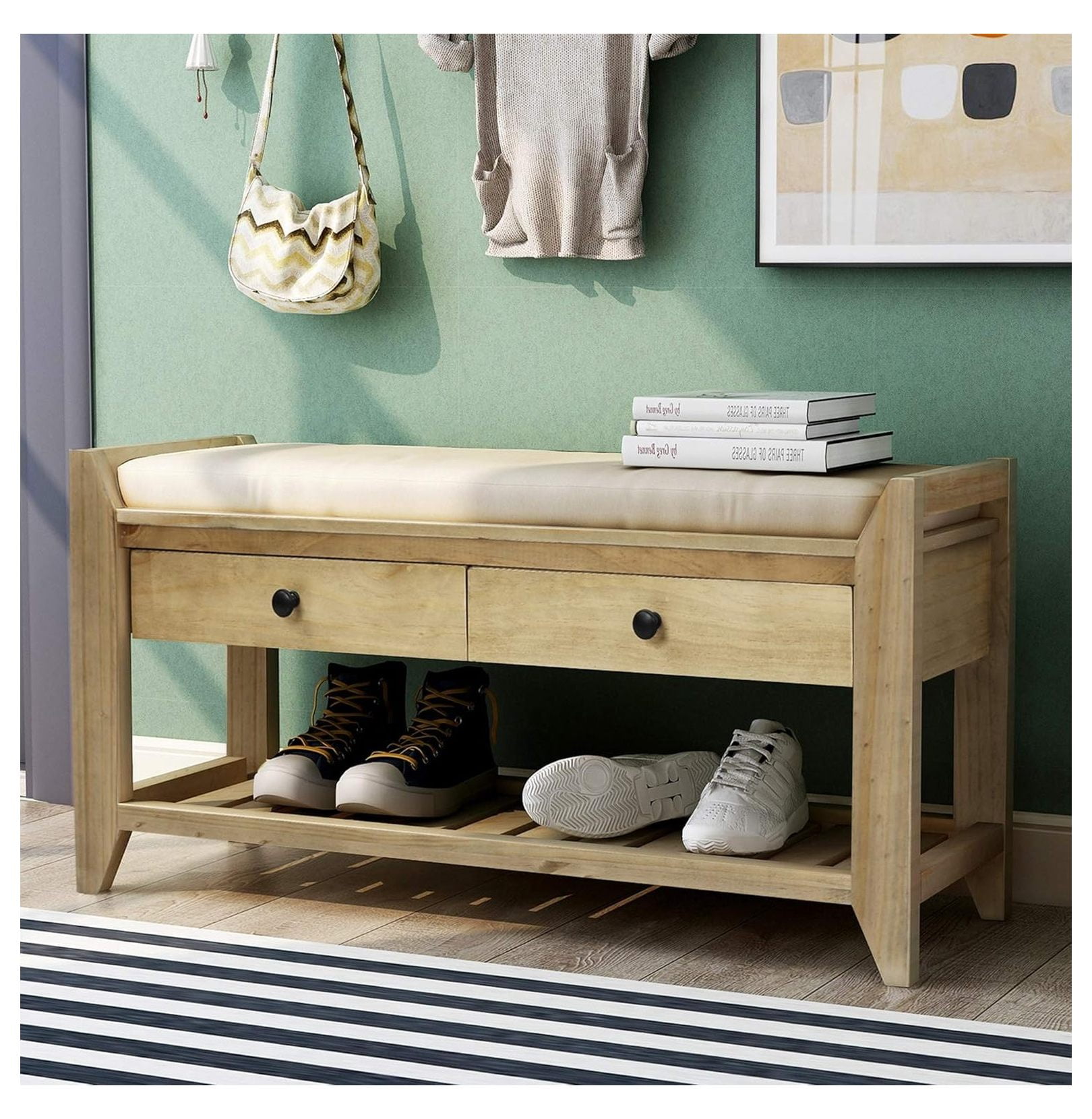 Entryway Storage Bench with Cushioned Seat Shoe Rack with 2 Drawers and ...