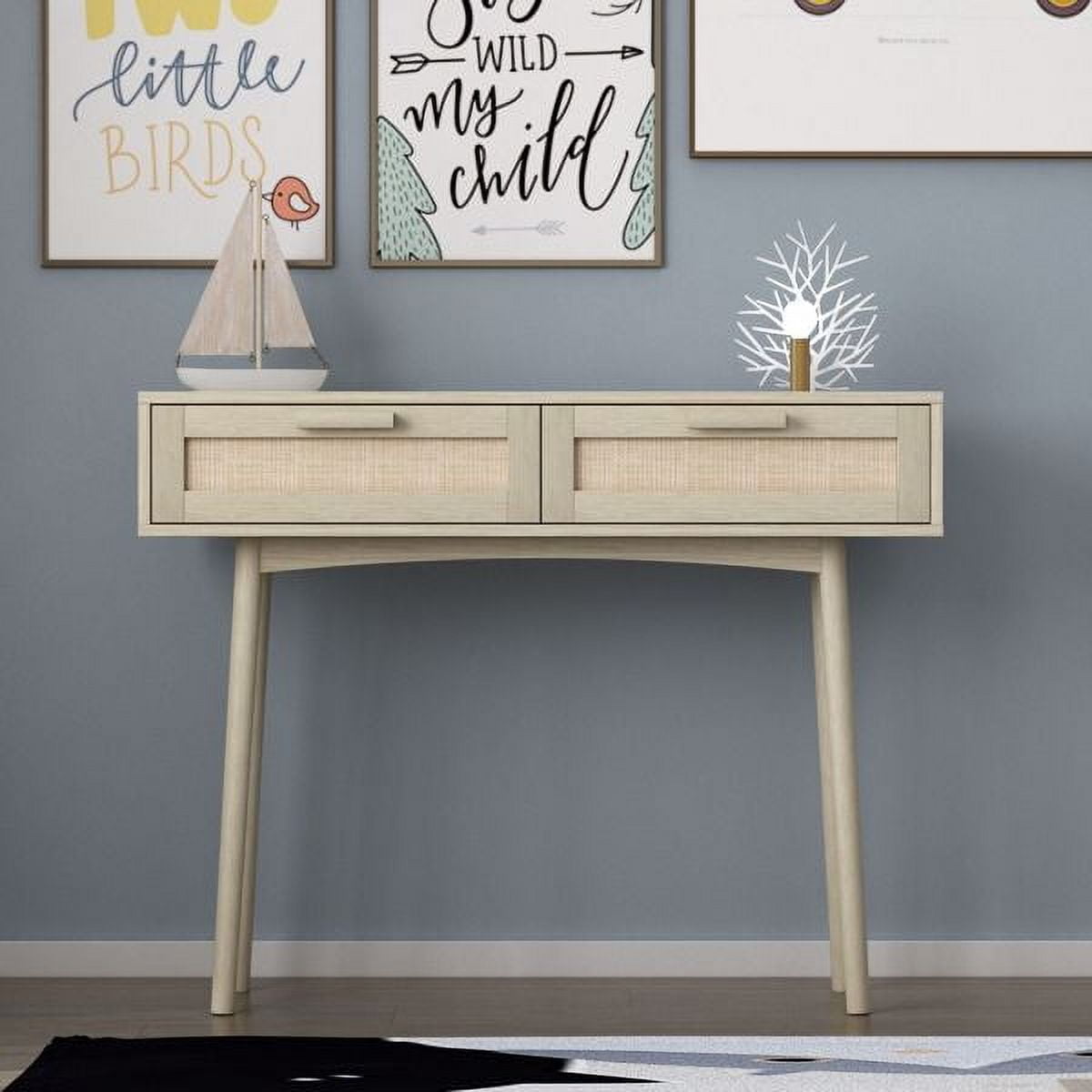 Entryway Table with 2 Drawers, Farmhouse Rattan Wood Console Table with ...