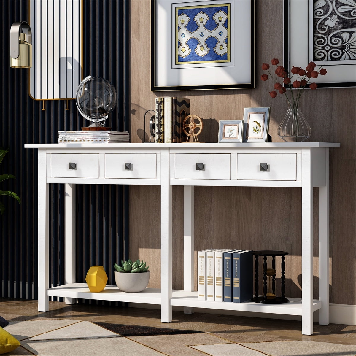 Entryway Table, 59"L Console Table Sofa Table Entry Table with 4 Drawer ...