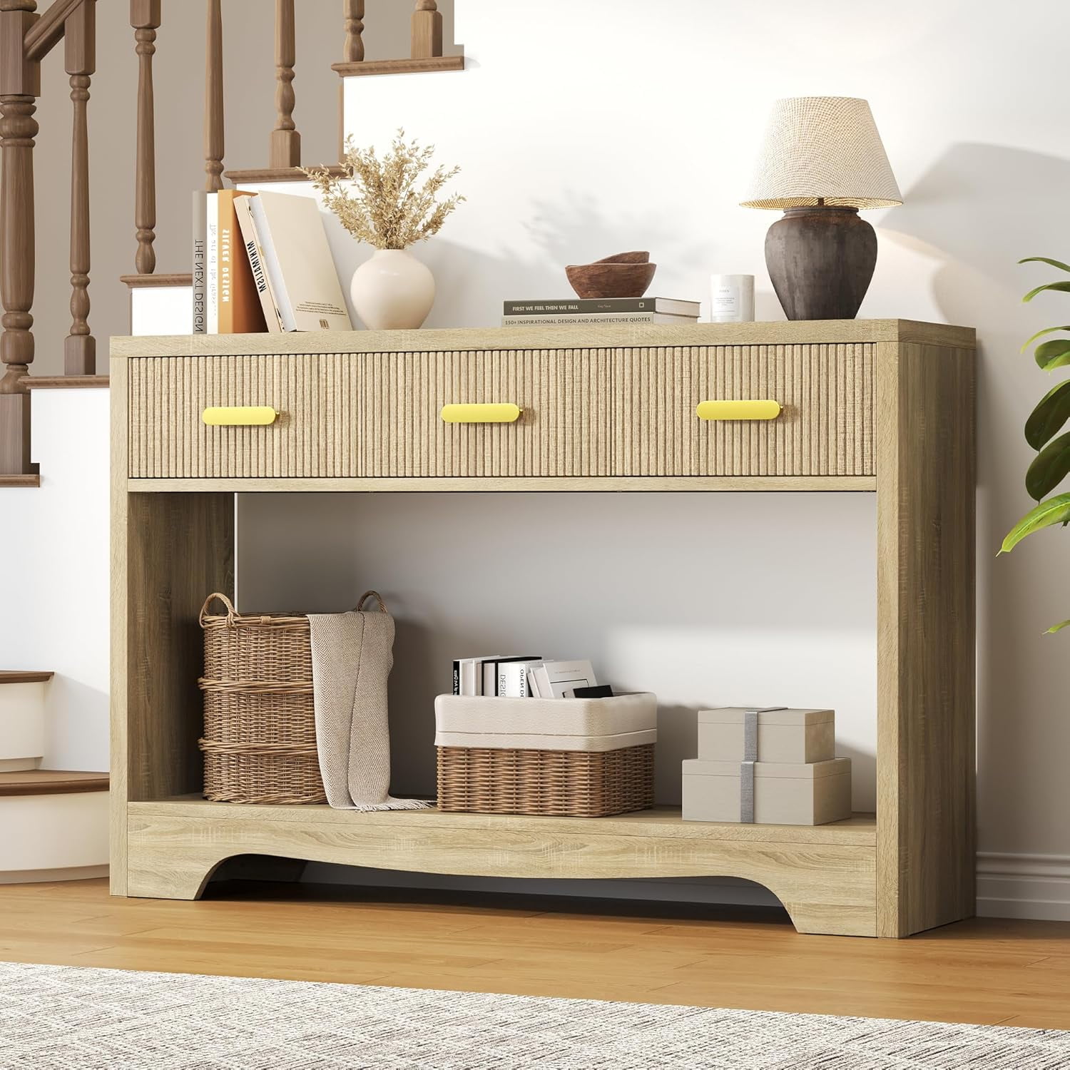 Entryway Table with Drawers, 47" Fluted Narrow Console Table with 3 ...